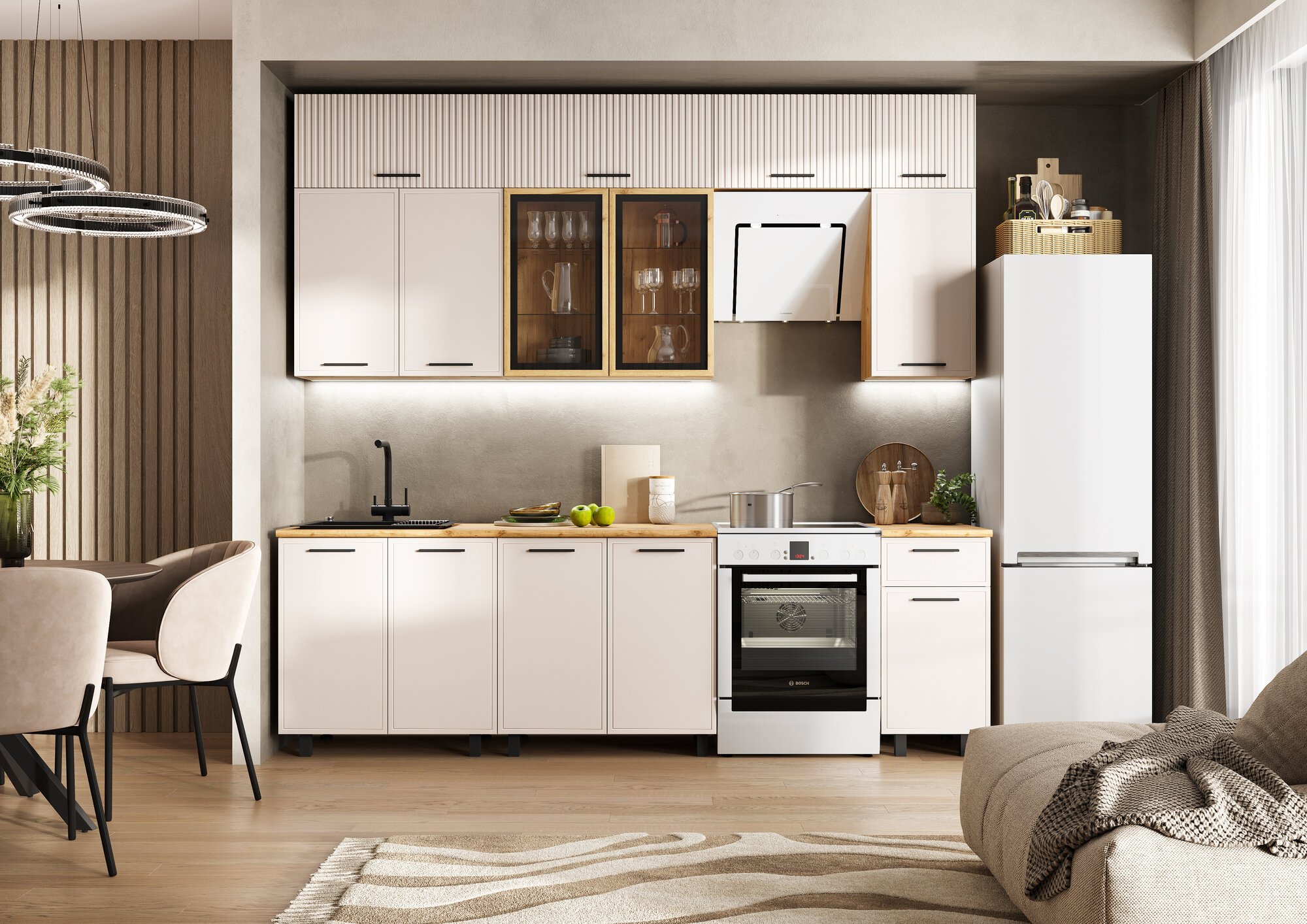 Кухня Миф Бьянка 2,6/1080м цвет Кашемир/ Дуб крафт, столешница Дуб Вотан