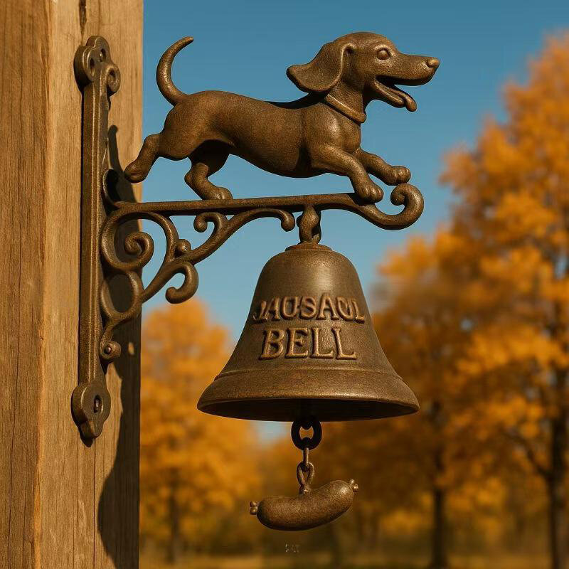 Дверной звонок с собачьим колокольчиком На металлической стене установлены ветряные колокольчики и дверные звонки