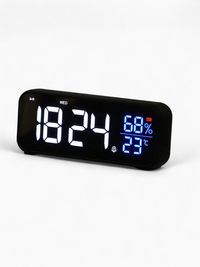 Часы - будильник электронные, настольные, календарь, термометр, гигрометр, 16.8×6.6 см, чёрные