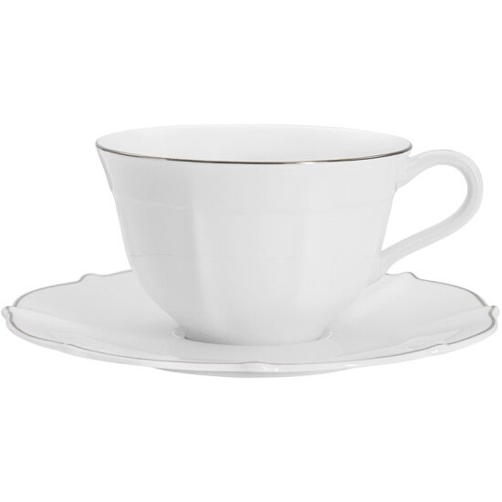 Пара чайная Anna Lafarg Lotus silver 250 мл, фарфор, белый, с серебристым кантом (AL-1303L-E11)