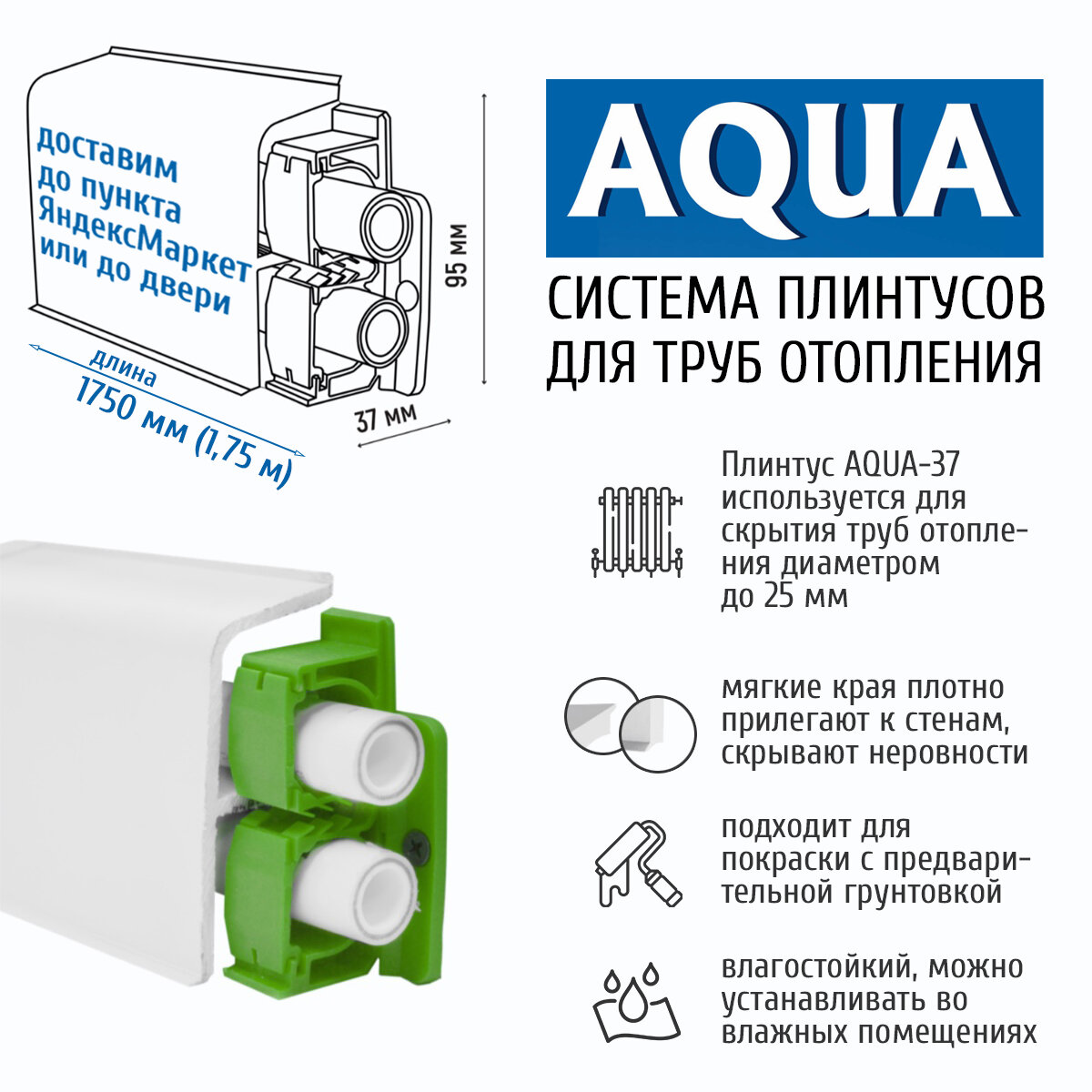 Плинтус для труб отопления AQUA-1750 37 мм, длина 1,75 м, 1 шт.