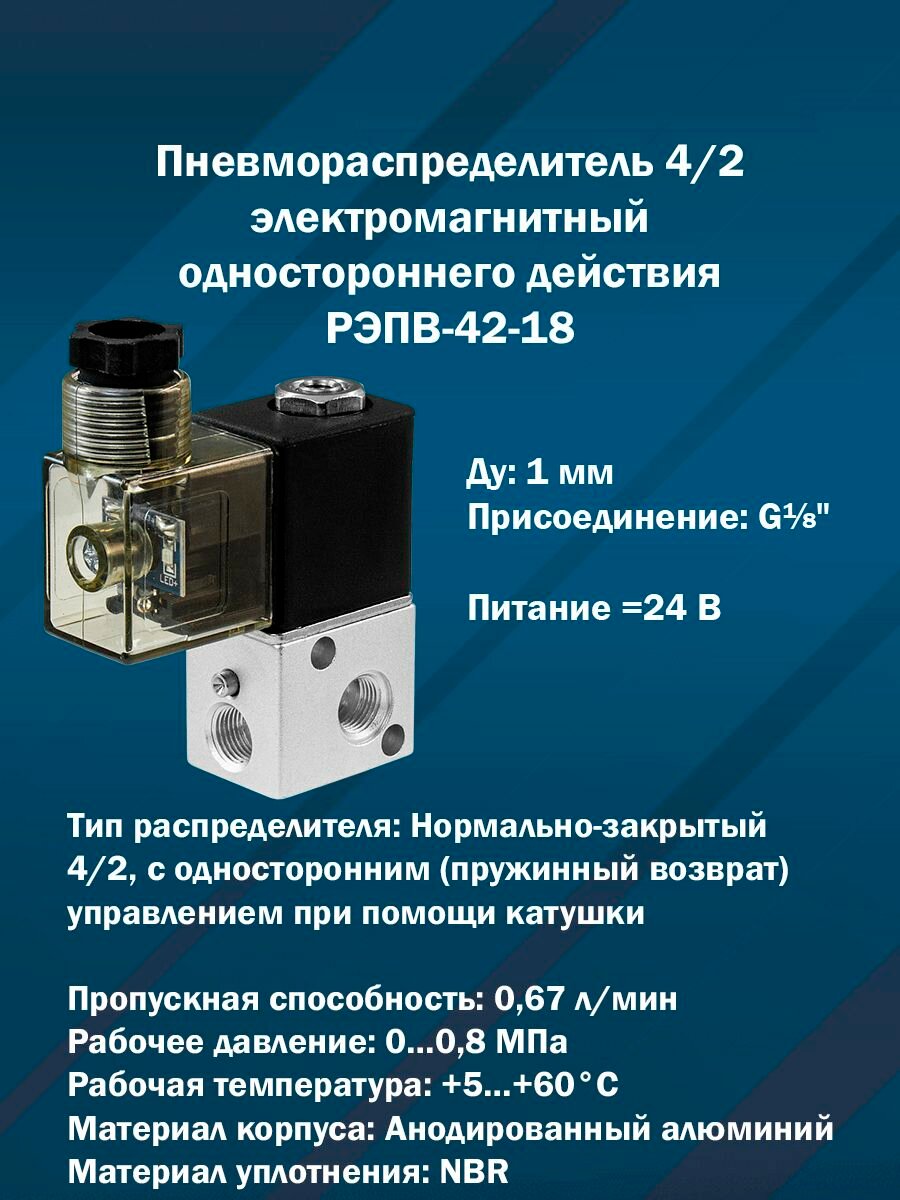 Электромагнитный пневмораспределитель 4/2 одностороннего действия РЭПВ-42-18 (G1/8", DC24V)