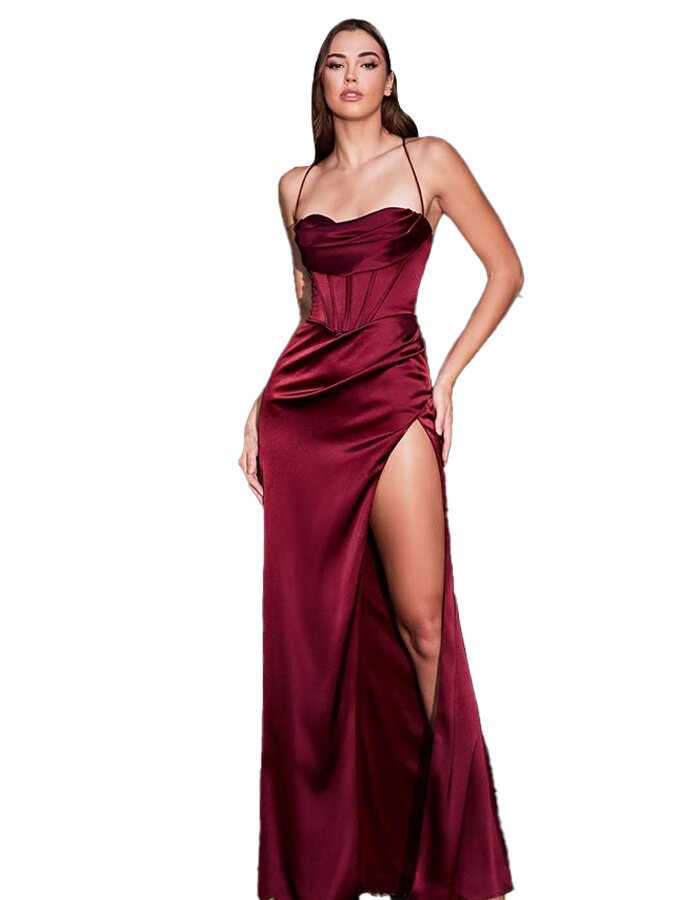 Женское атласное платье с высоким разрезом и бретельками для выпускного или вечеринки