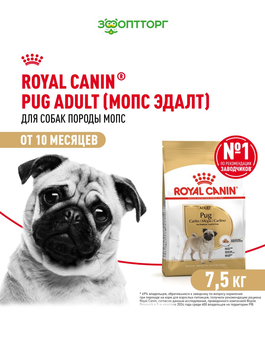 Сухой корм Royal Canin Pug Adult для взрослых собак породы мопс Птица, 7,5 кг.