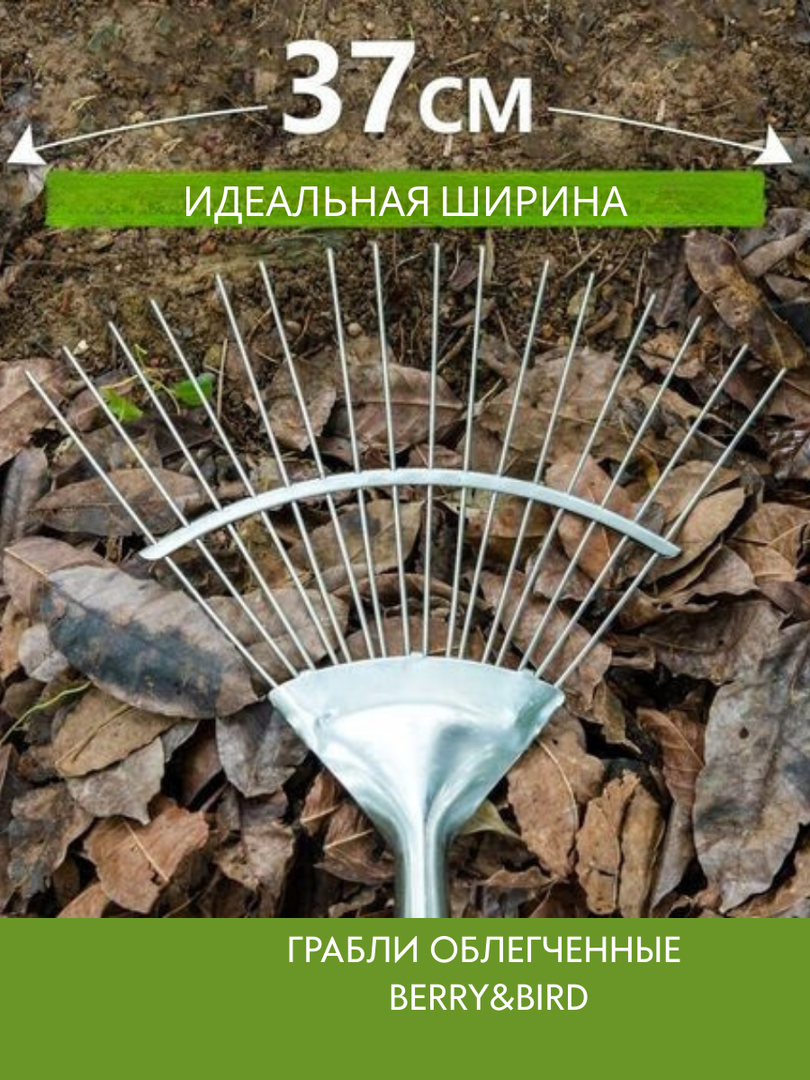Грабли садовые веерные стальные с черенком для уборки участка и работы с почвой Berry&Bird