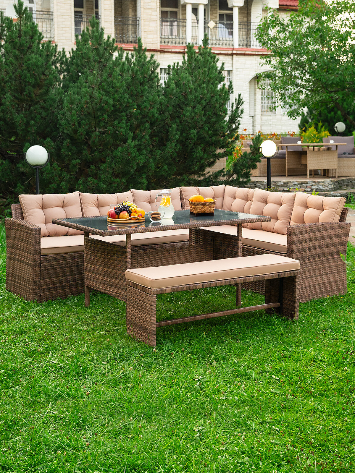 Угловой комплект для обеда и отдыха из искусственного ротанга Римини-7 (Rimini-7) левый угол(L), капучино, бежевые