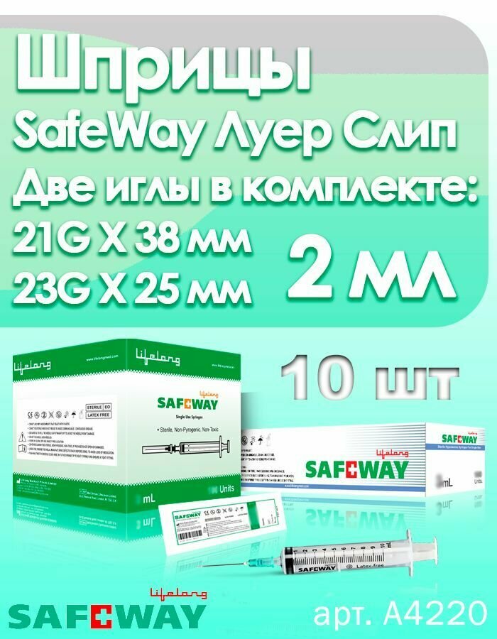 Шприцы инъекционные однократного применения стерильные Safeway 2 мл с двумя иглами 21G(0,80x 38 мм), 23G(0,60x 25 мм) с коннектором Луер Слип