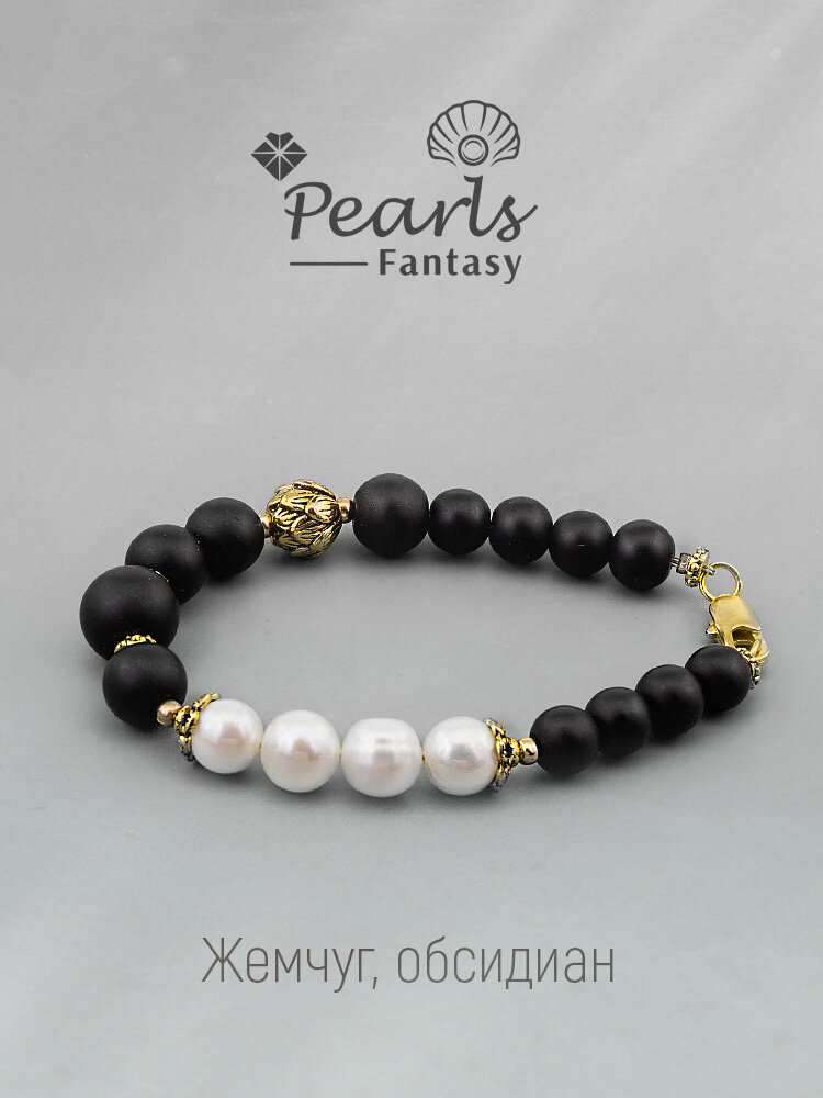 Браслет, жемчуг культивированный, обсидиан