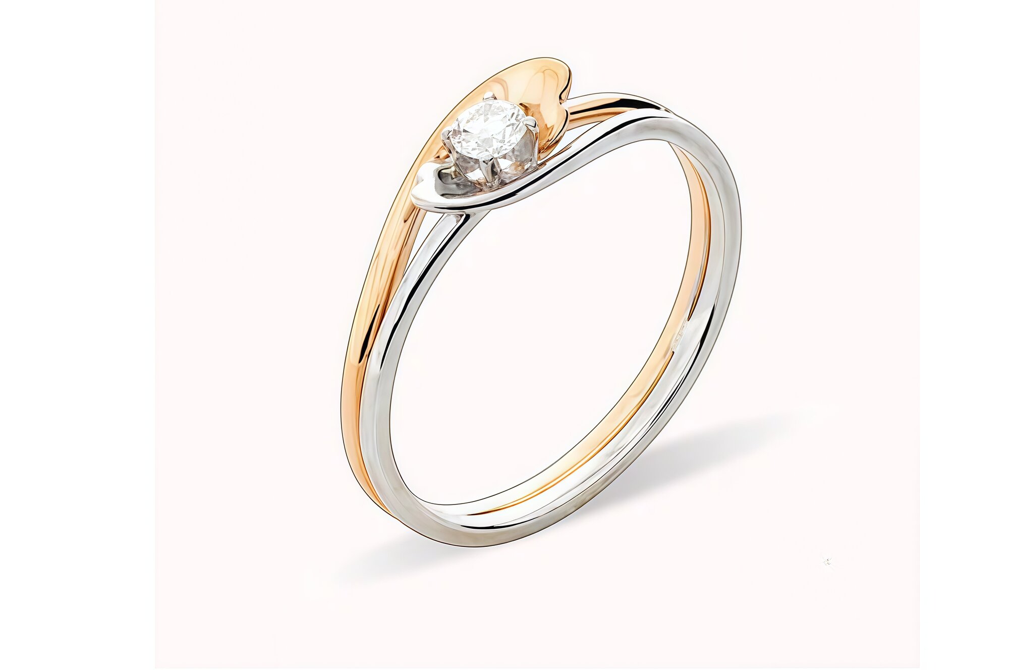 Кольцо тонкое, белое, красное золото, 585 проба, родирование, фианит