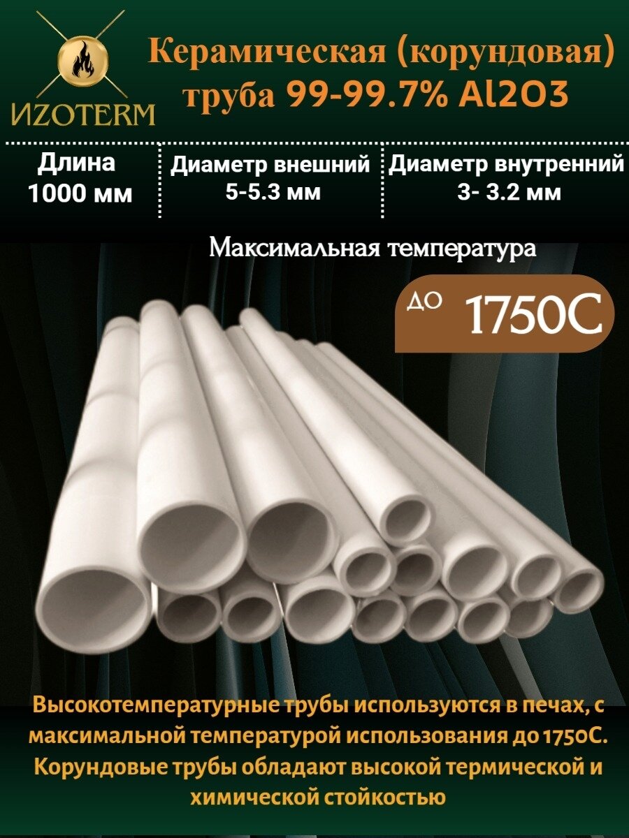 Корундовая труба 99% Al2O3, Ø 5–5,3 мм, длина 1000 мм