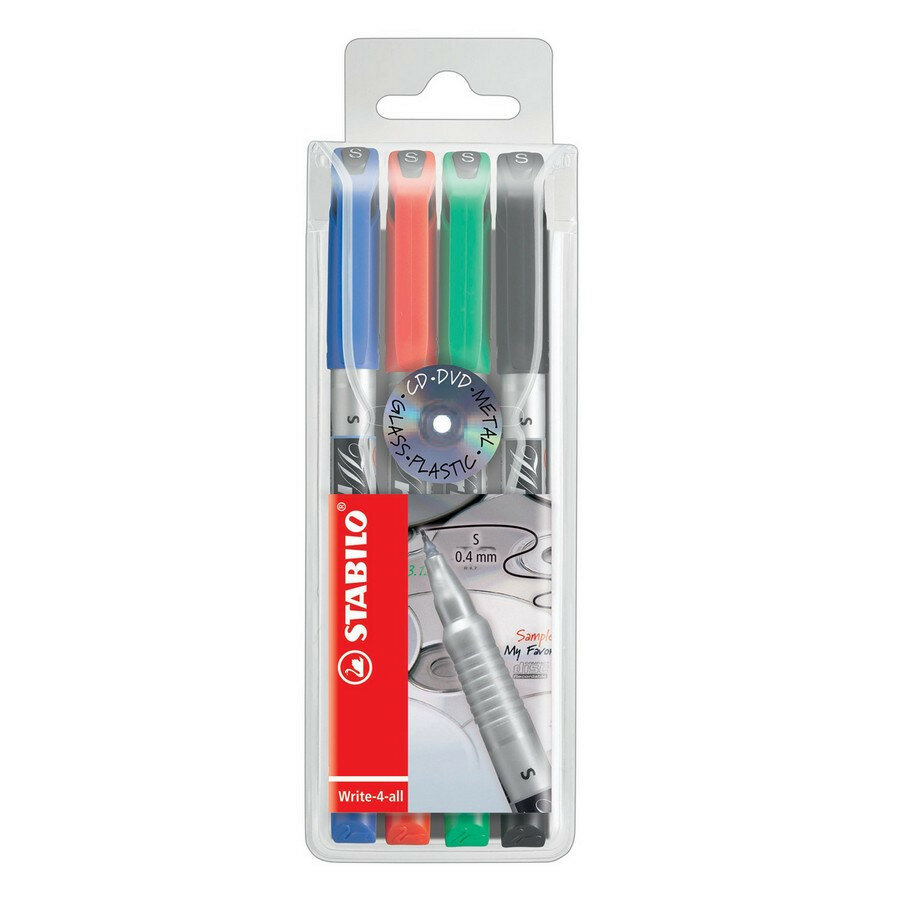 Набор маркерных ручек нестираемых STABILO Write-4-all, S/0,4 мм, перманентные, 4 цвета, пластиковый футляр (STABILO 166/4)