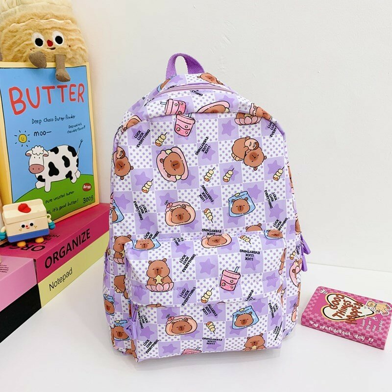 Рюкзак капибара школа рисунок мультфильм для милых детей молочный чай клетка фиолетовый