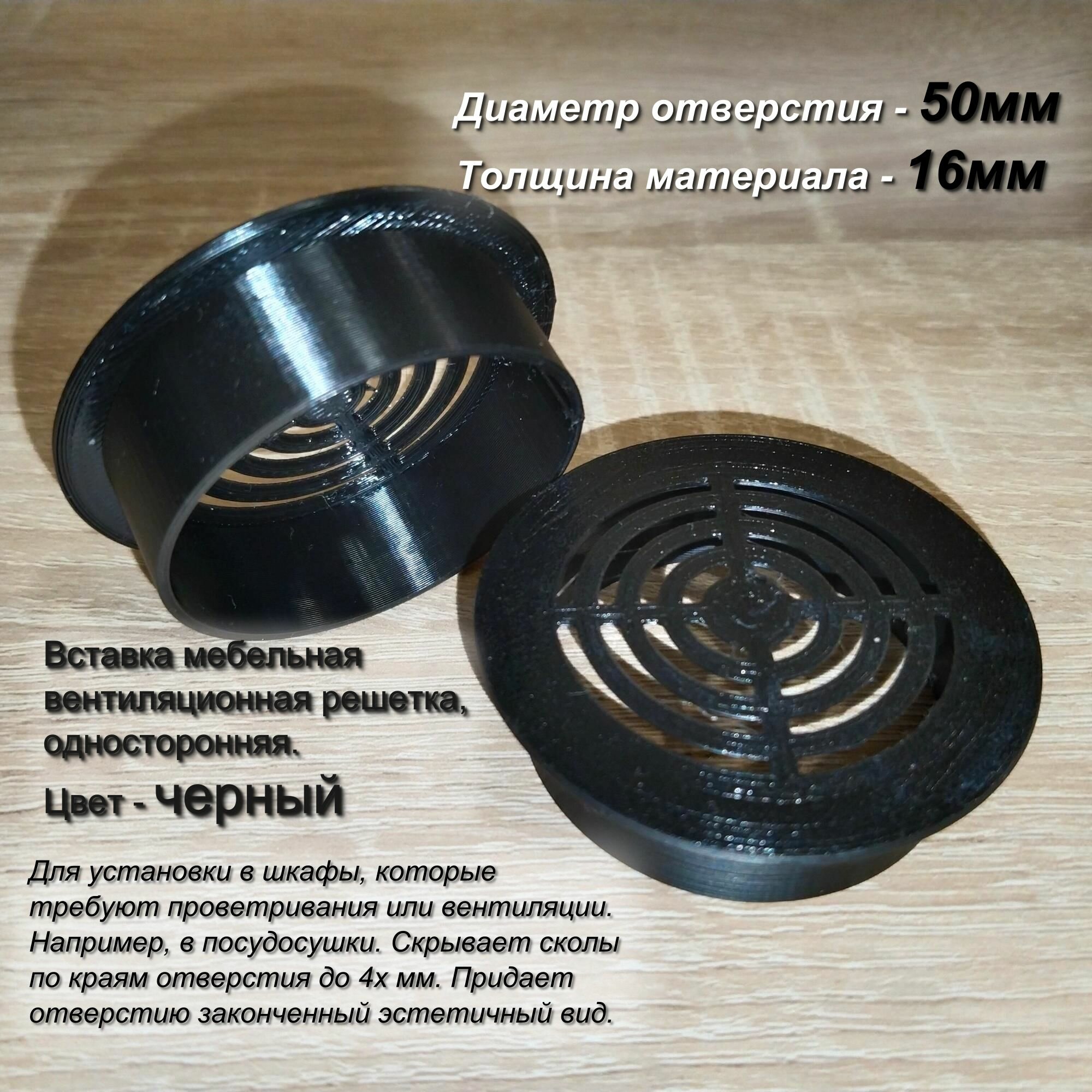 Решетка вентиляционная круглая черная в шкаф посудосушку диаметром 50мм