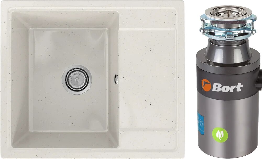 Комплект Мойка Practik PR-M 575-001, белый камень / Измельчитель Bort Titan 4000 Plus