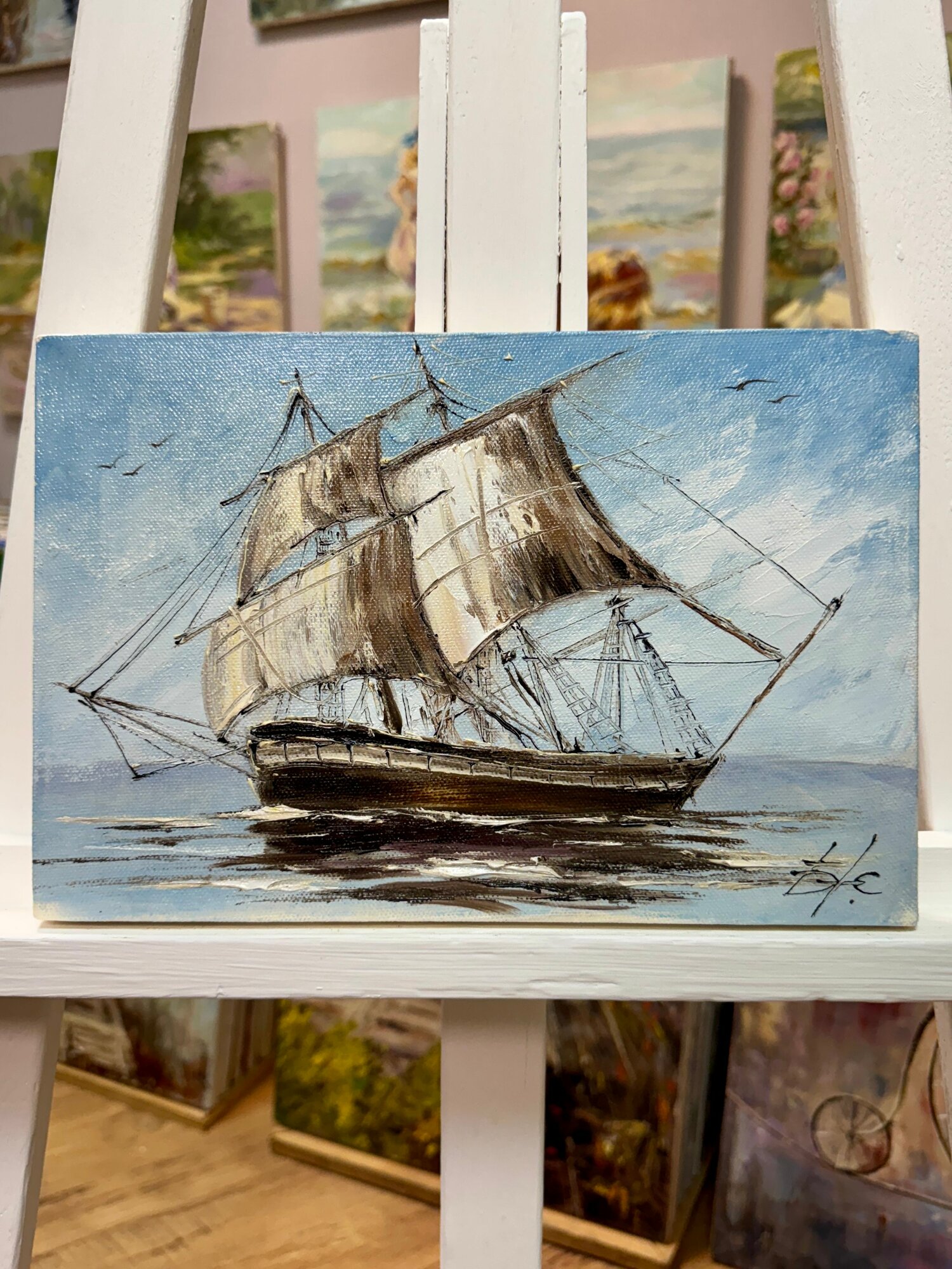 Картина маслом Морской пейзаж Парусники Корабли 20х30 см. Художественная мастерская Грёзы.