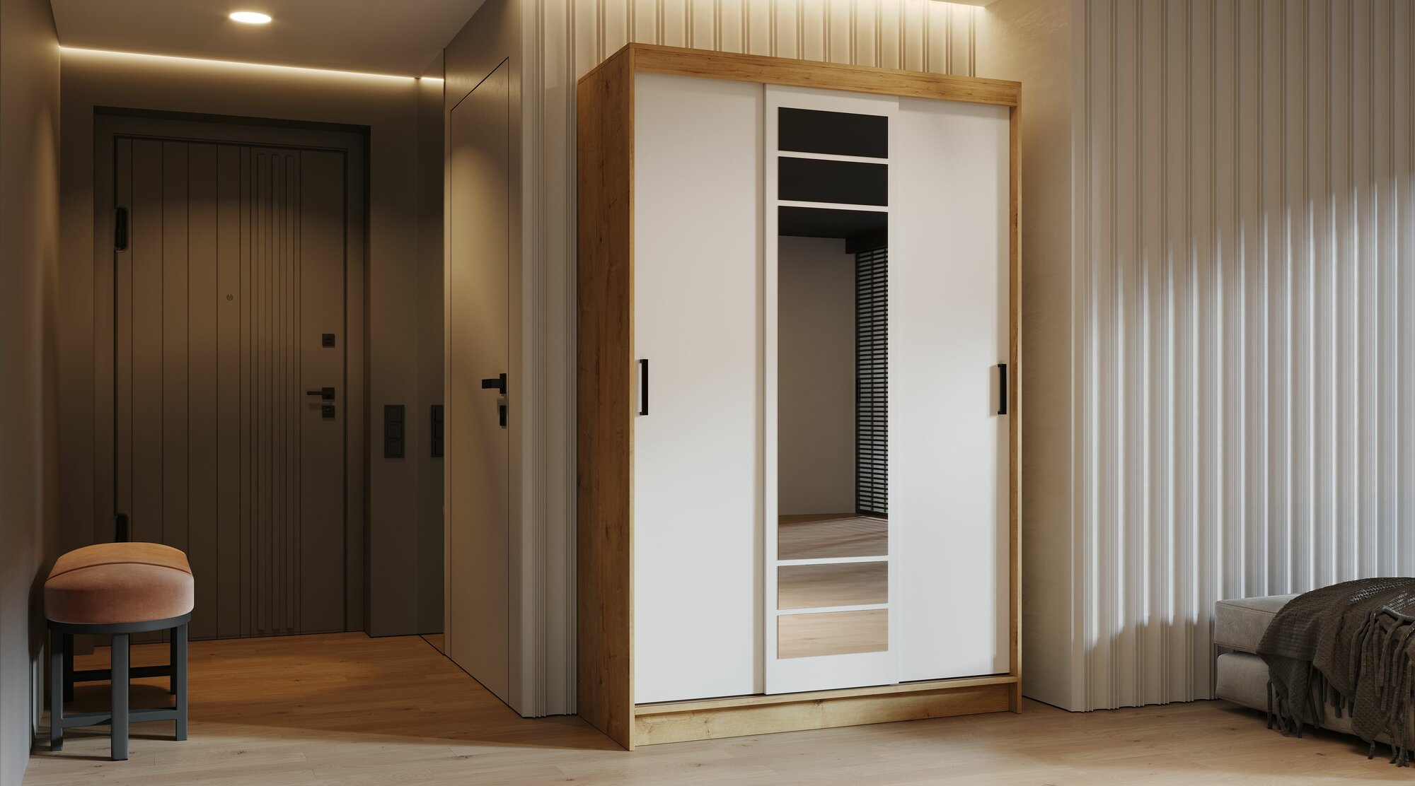 Шкаф-купе Бруно 3 Дуб Вотан/Белый гладкий ЛДСП ширина 131 см с зеркалом с полками и штангами в гостиную и спальню напольный