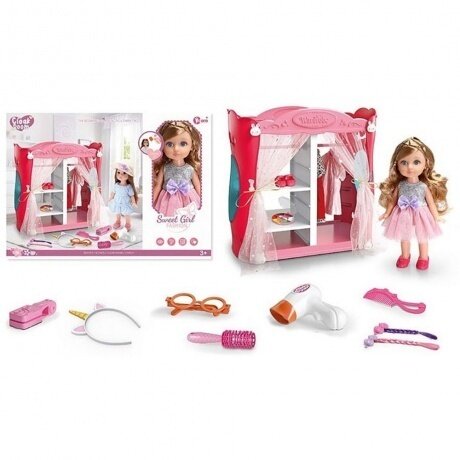 Кукла(30см) в платье со шкафом и аксессуарами: фен, плойка, тен и, расчески, ободок, очки, заколки, платье, туника, брюки, в коробке