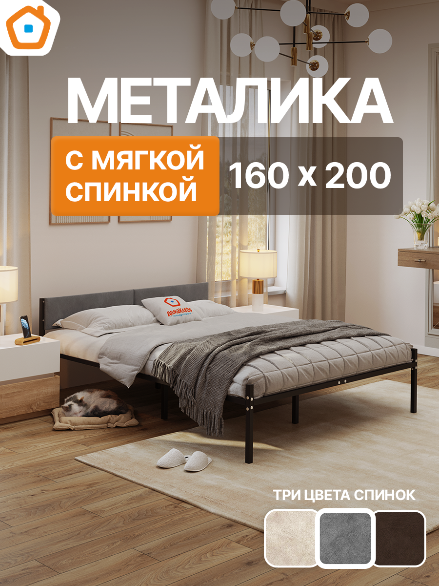 Кровать Металика Г2 ДомаКлёво 160х200 металлическая двуспальная, черная + серая мягкая спинка из велюра