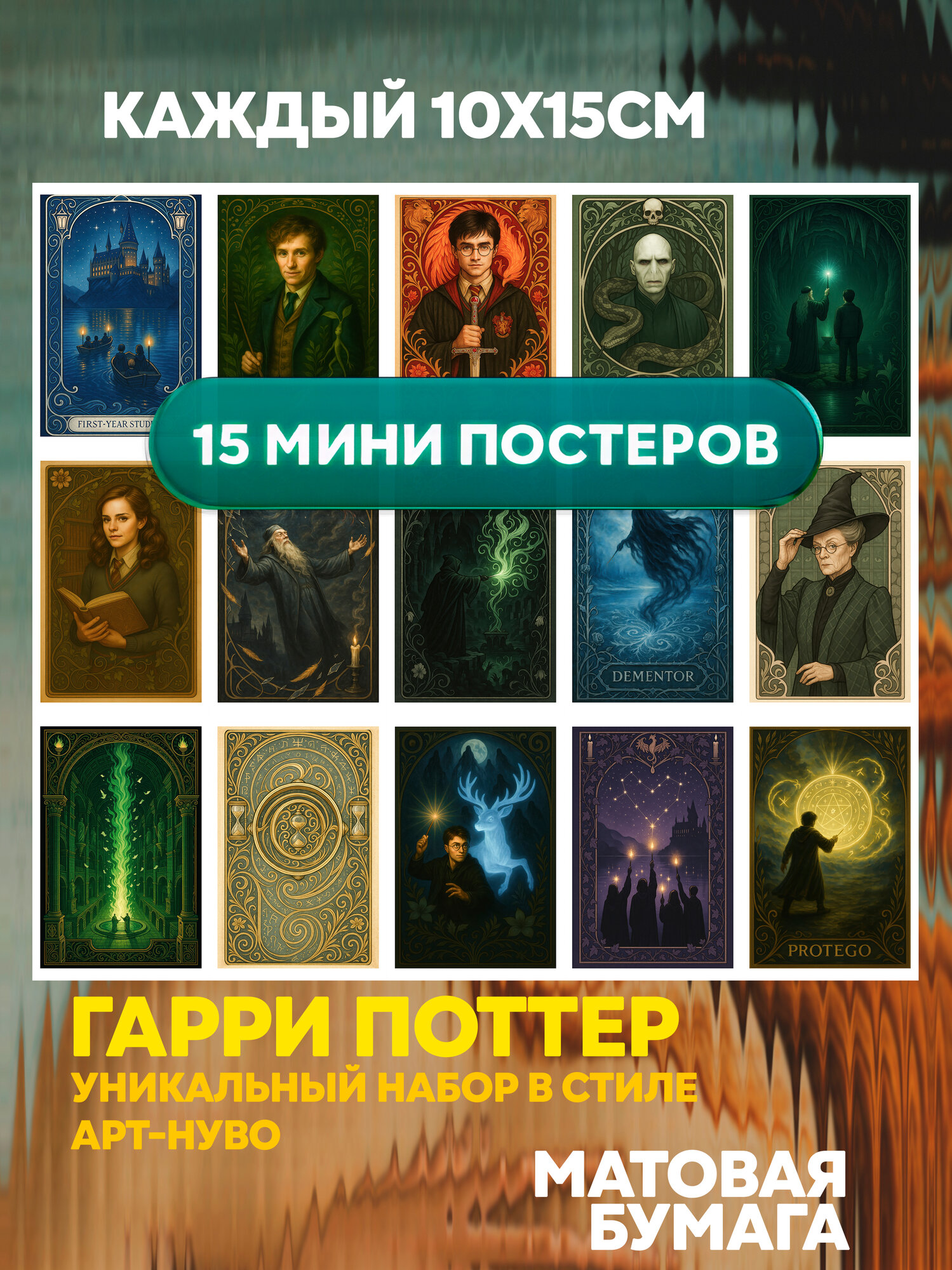 Набор #1 открыток и мини-постеров Гарри Поттер в стиле Арт-нуво - Джоан Роулинг - 15 карточек 10х15 см для подарка, интерьера и коллекции