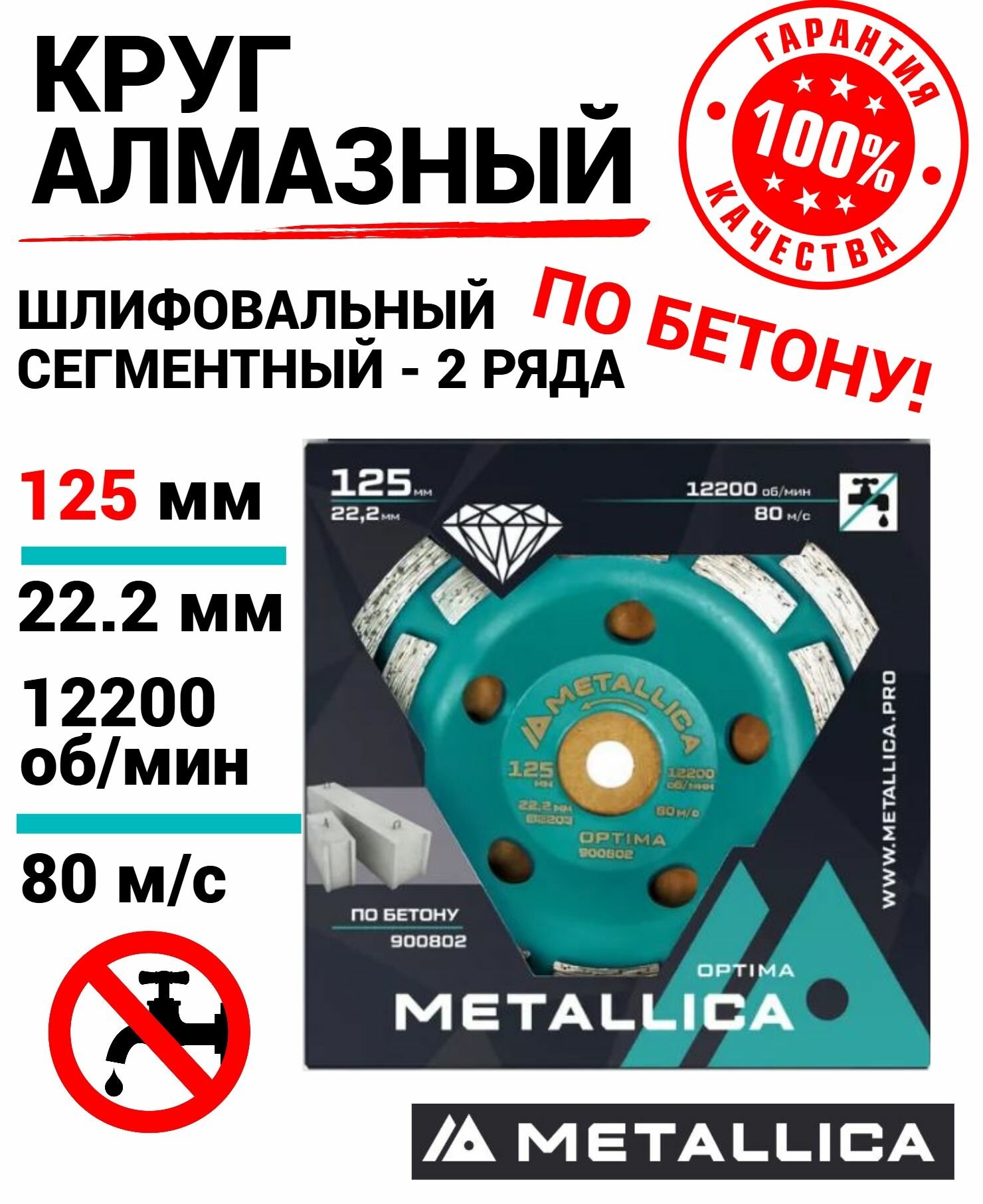 Чашка алмазная сегментная 2 ряда METALLICA Optima 125x22,2 мм, по бетону 900802