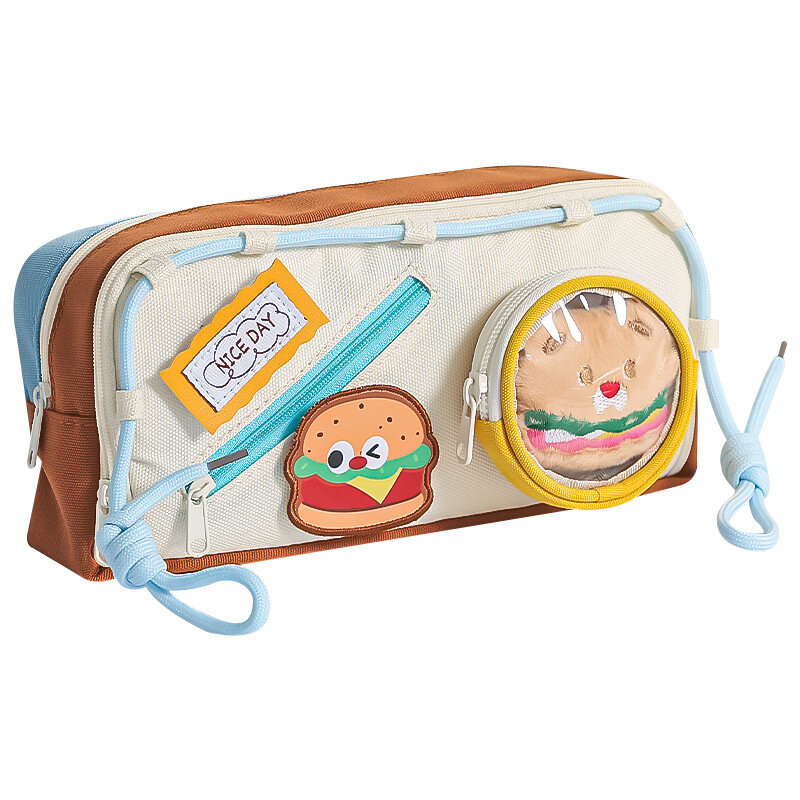 Милый пенал с изображением еды в стиле Ins. Очаровательный дизайн в виде гамбургера. Высококачественный тканевый чехол для ручек с застежкой-липучкой. Многофункциональный органайзер для канцелярских принадлежностей для студентов.