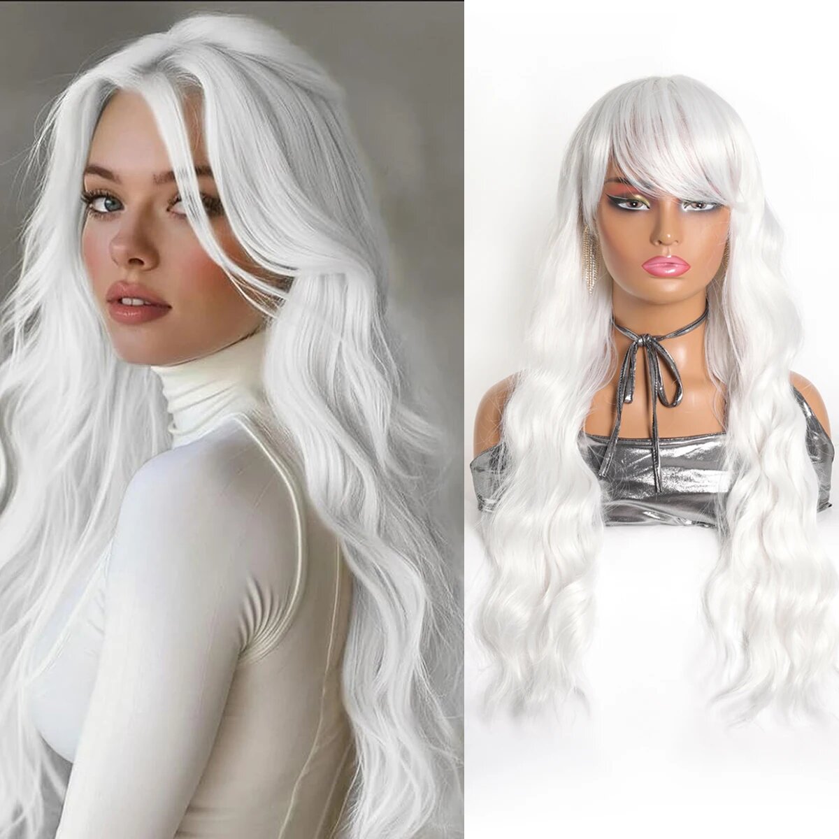 Парик для косплея Лолиты Синтетический парик Белый с челкой, длинные кудри Пушистый термостойкий для повседневной вечеринки, косплей