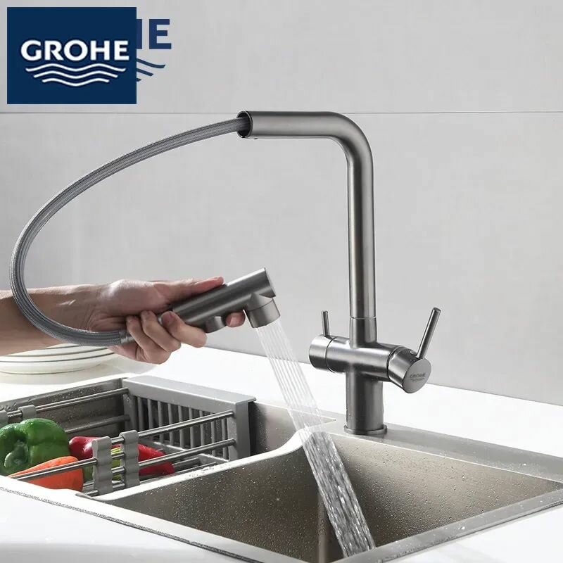 Смеситель для кухни с подключением к фильтру питьевой воды и гибким выдвижным механизмом, металлический серый