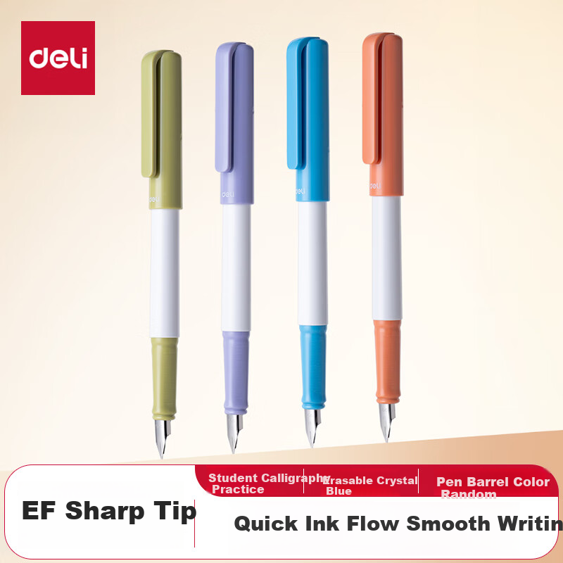 Deli EF Fine Nib Practice Calligraphy Fountain Pen Quick-drying Student Stationery (1 Pen with 6 Ink Cartridges) Erasable Crystal Blue SF559 Random Color EF Nib (Approx. 0.38mm)