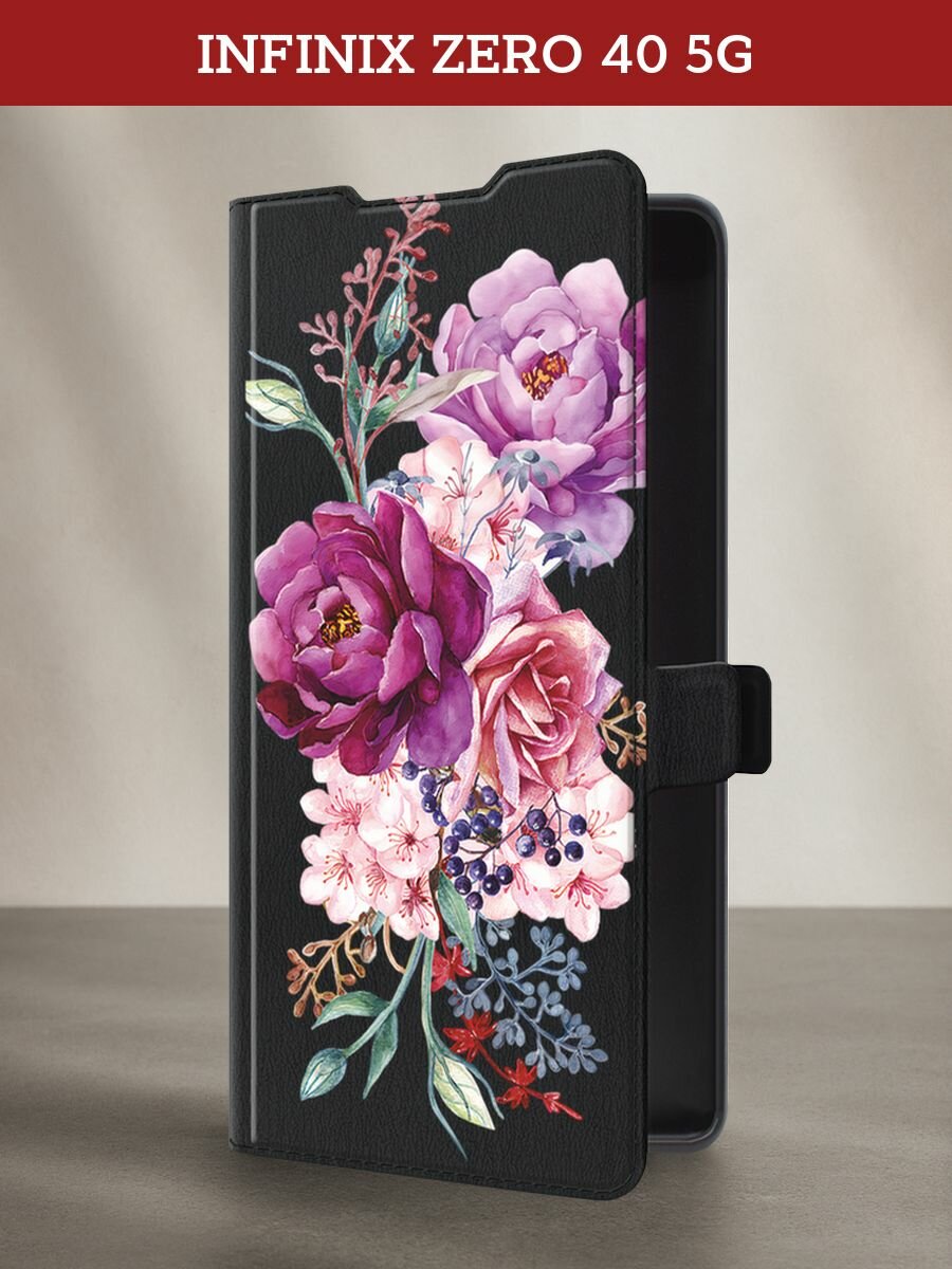 Чехол-книжка на Infinix Zero 40 5G / Инфиникс Зеро 40 5G с рисунком "Пионы"