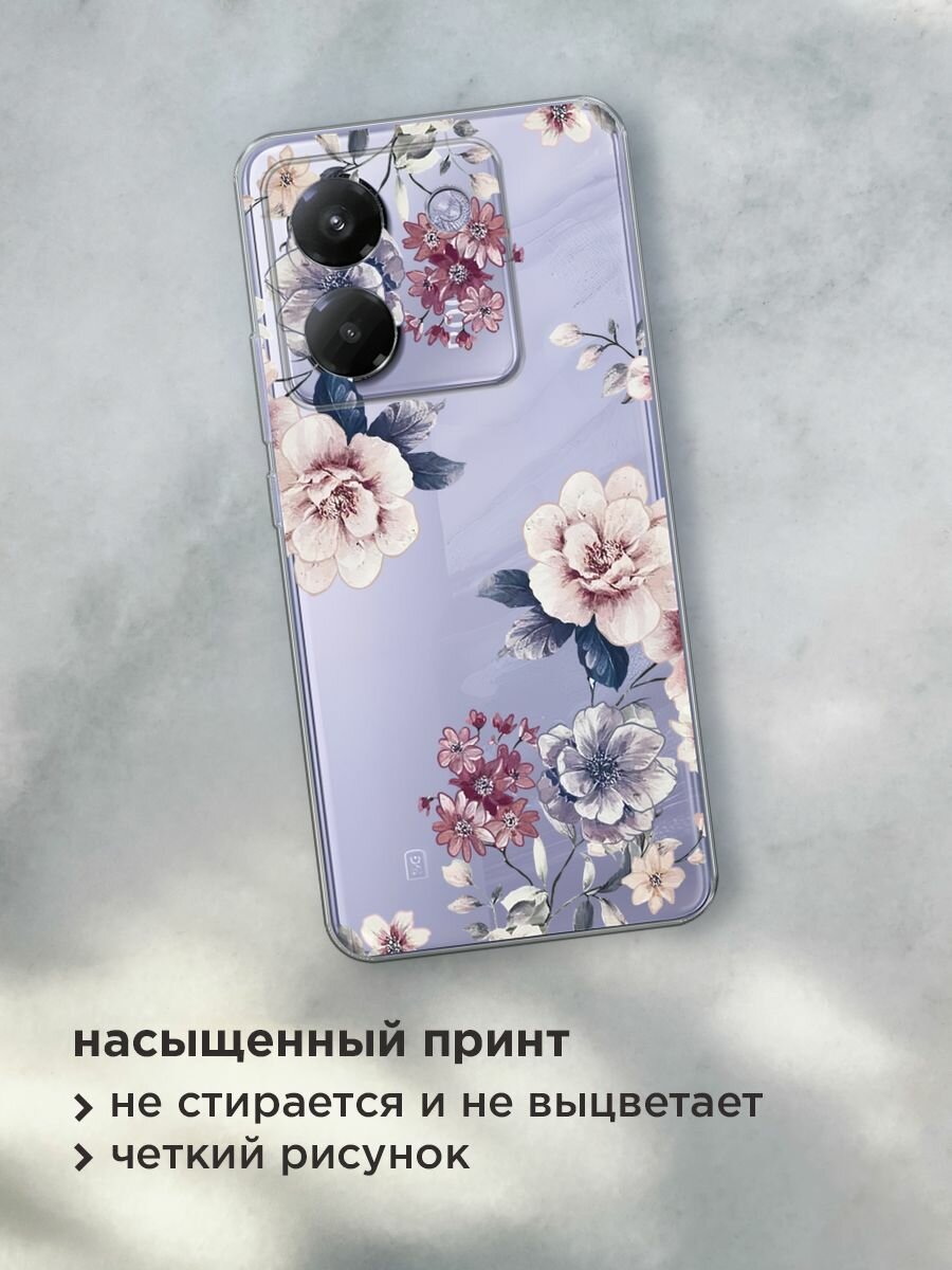Чехол на Poco M7 Pro / Поко М7 Про с принтом "Нежные винтажные цветы", прозрачный — фото 1