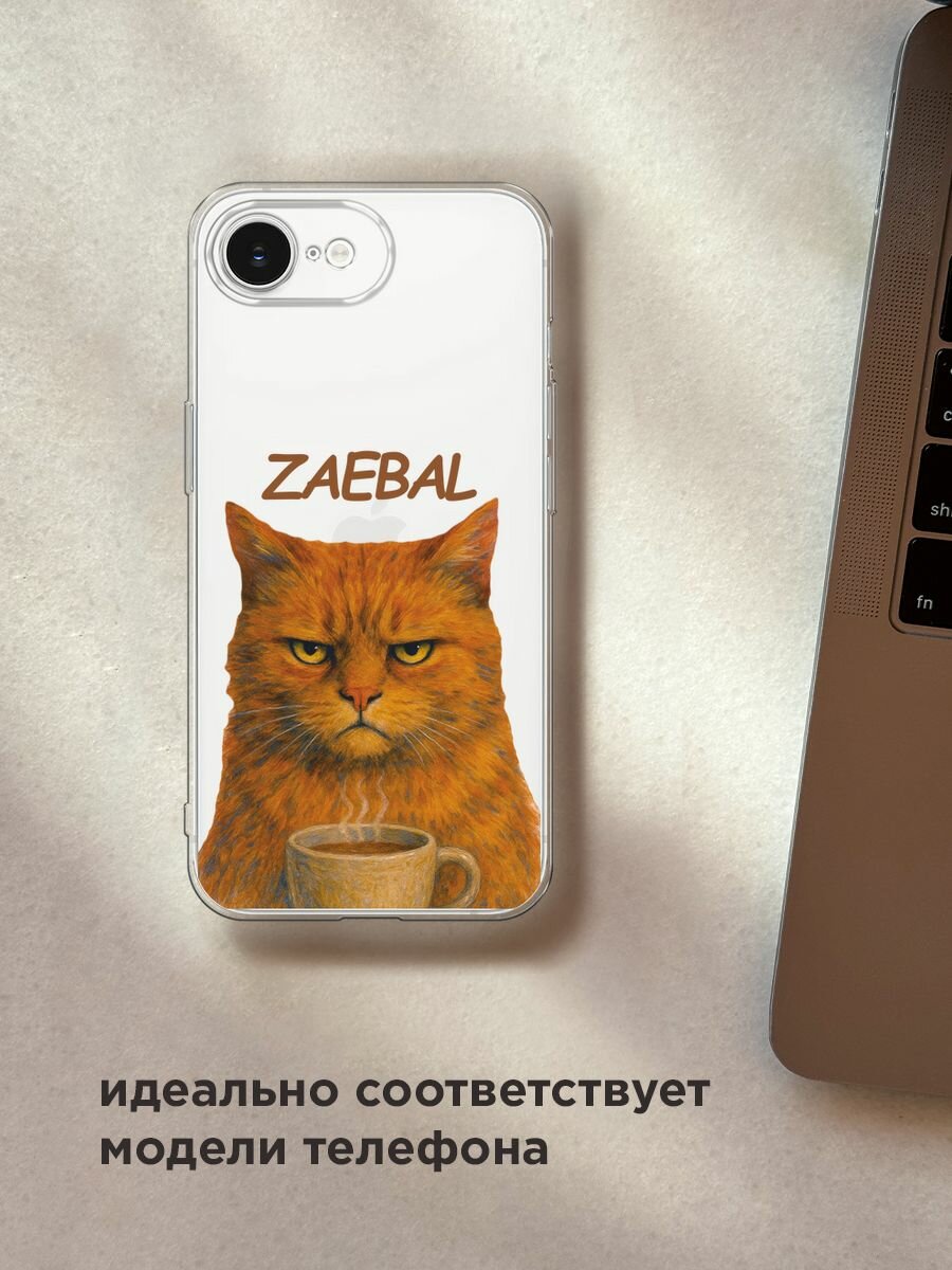 Чехол на Apple iPhone 16e/17e / Айфон 16е/17e с принтом "Рыжий кот с надписью", прозрачный — фото 1