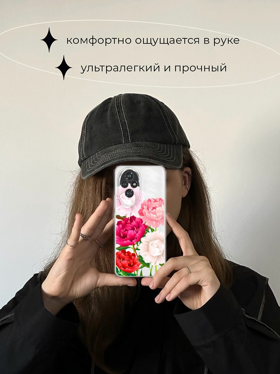 Чехол на Honor 200 / Хонор 200 с принтом "Большие пионы", прозрачный — фото 1