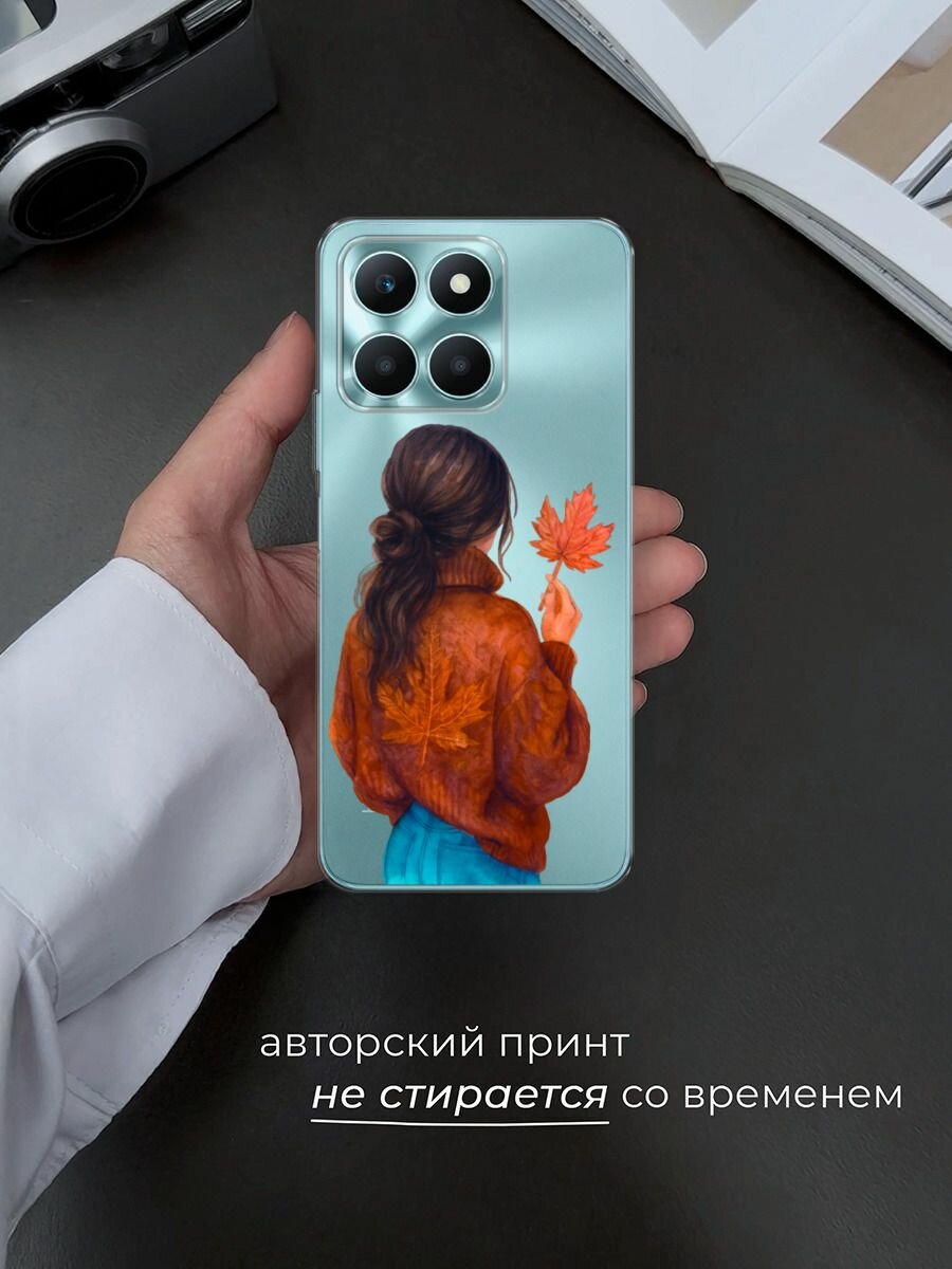 Чехол на Honor X6A / Хонор X6A с принтом "Девушка с опавшим листом", прозрачный — фото 1