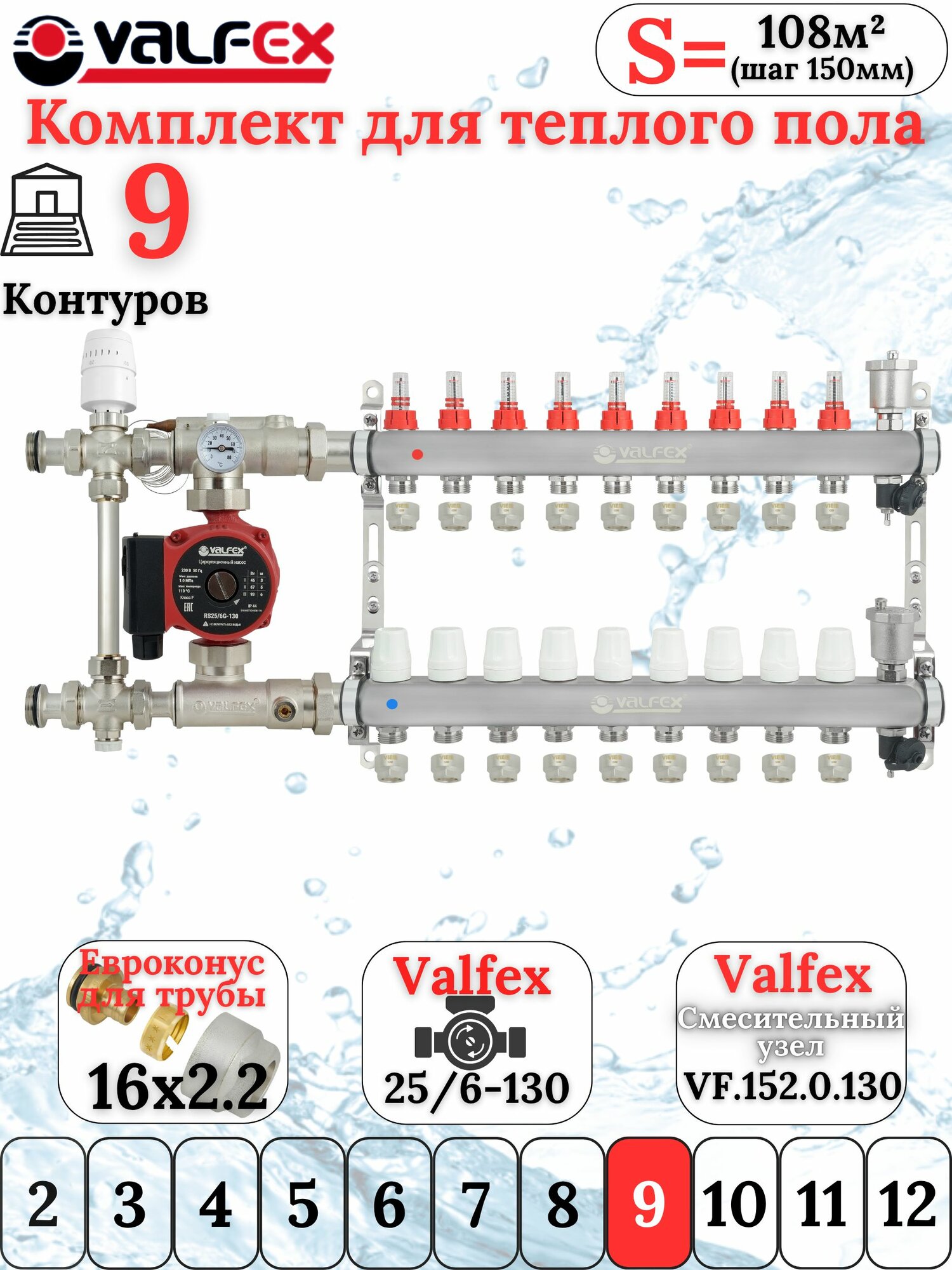 Комплект тёплого пола на 9 контуров VALFEX (Коллектор на 9 выходов+Насос+НСУ c байпасом+Евроконусы 16х2,2)