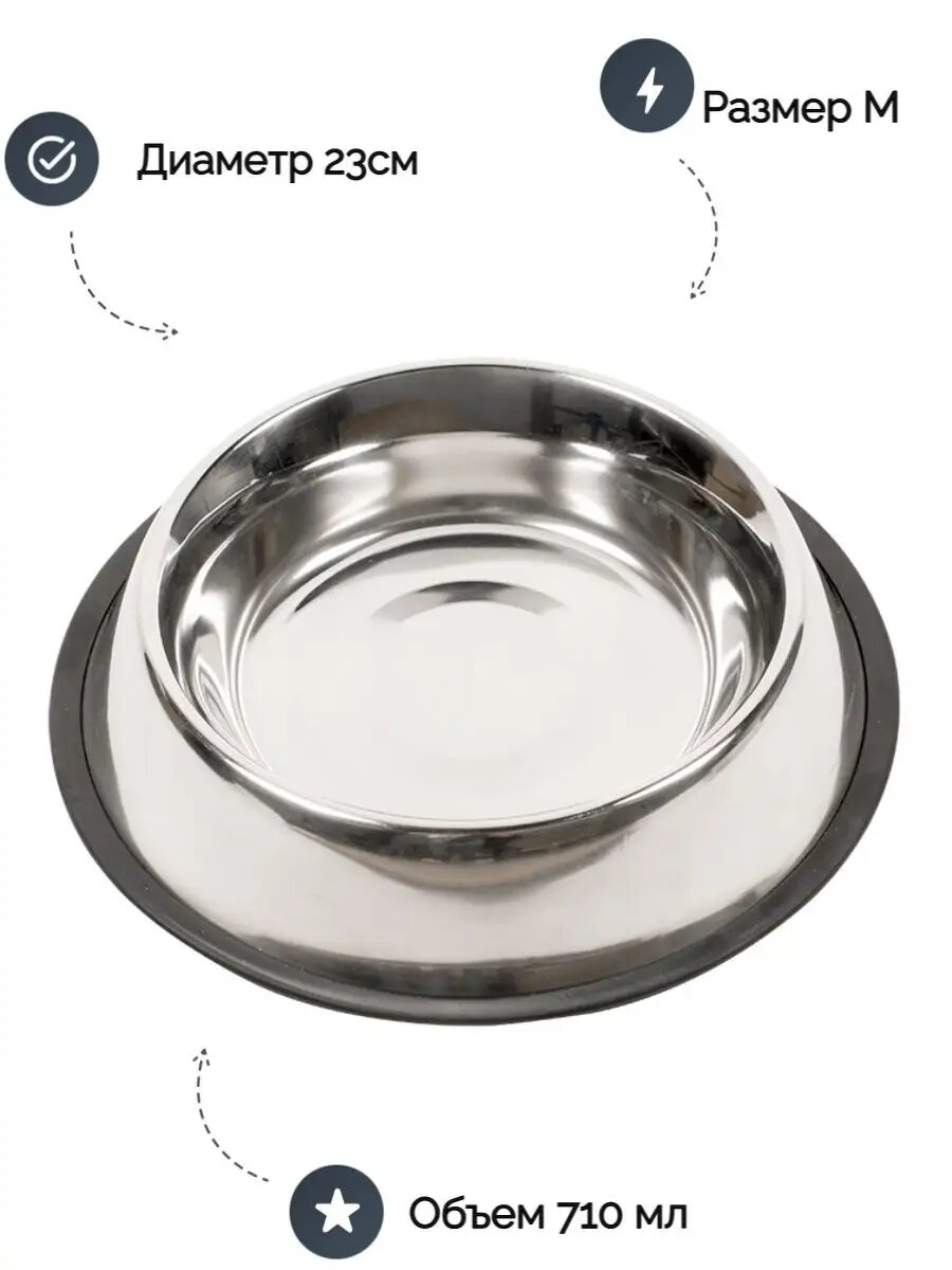 Миска для собак метал. с резиновой подставкой, 23см/710мл