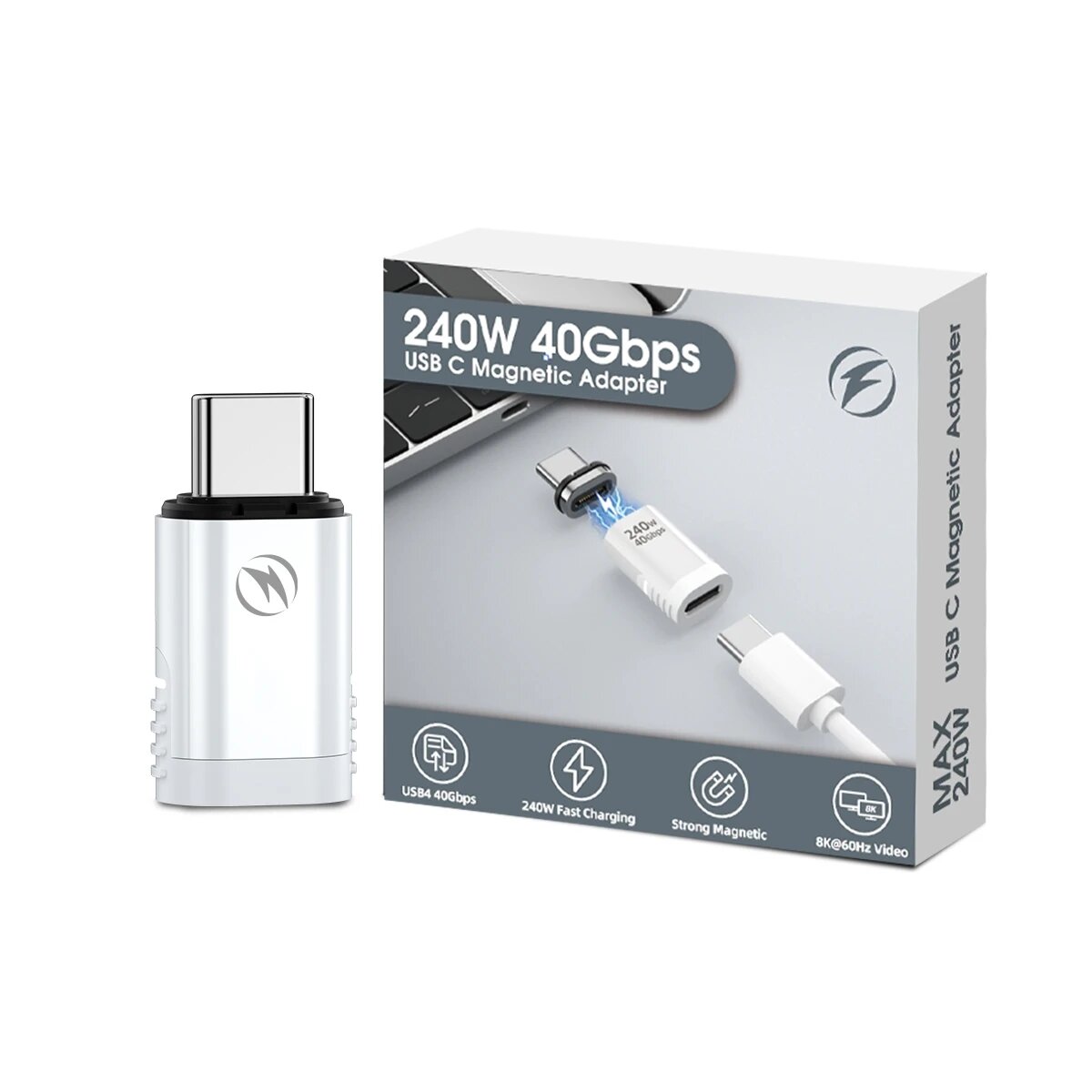 ANKNDO 24-контактный 5A USB C магнитный адаптер 240 Вт USB4 40 Гбит/с 8K 60 Гц магнитный преобразователь для быстрой зарядки для iPhone Thunderbolt MacBook белый