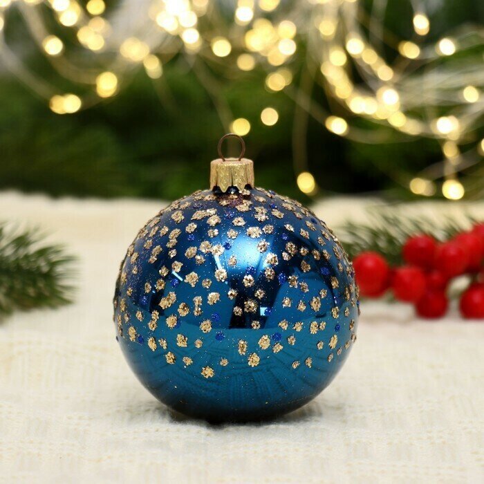 !09 Новогодний Шар 8 см, "Звездное небо " цвет синий стекло в п/у