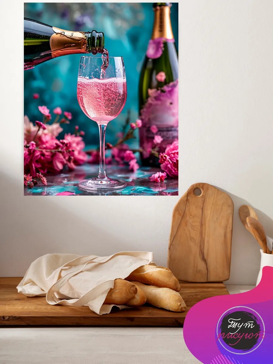 Картина интерьерная на кухню, Постер, Розовое вино 40х50 см.