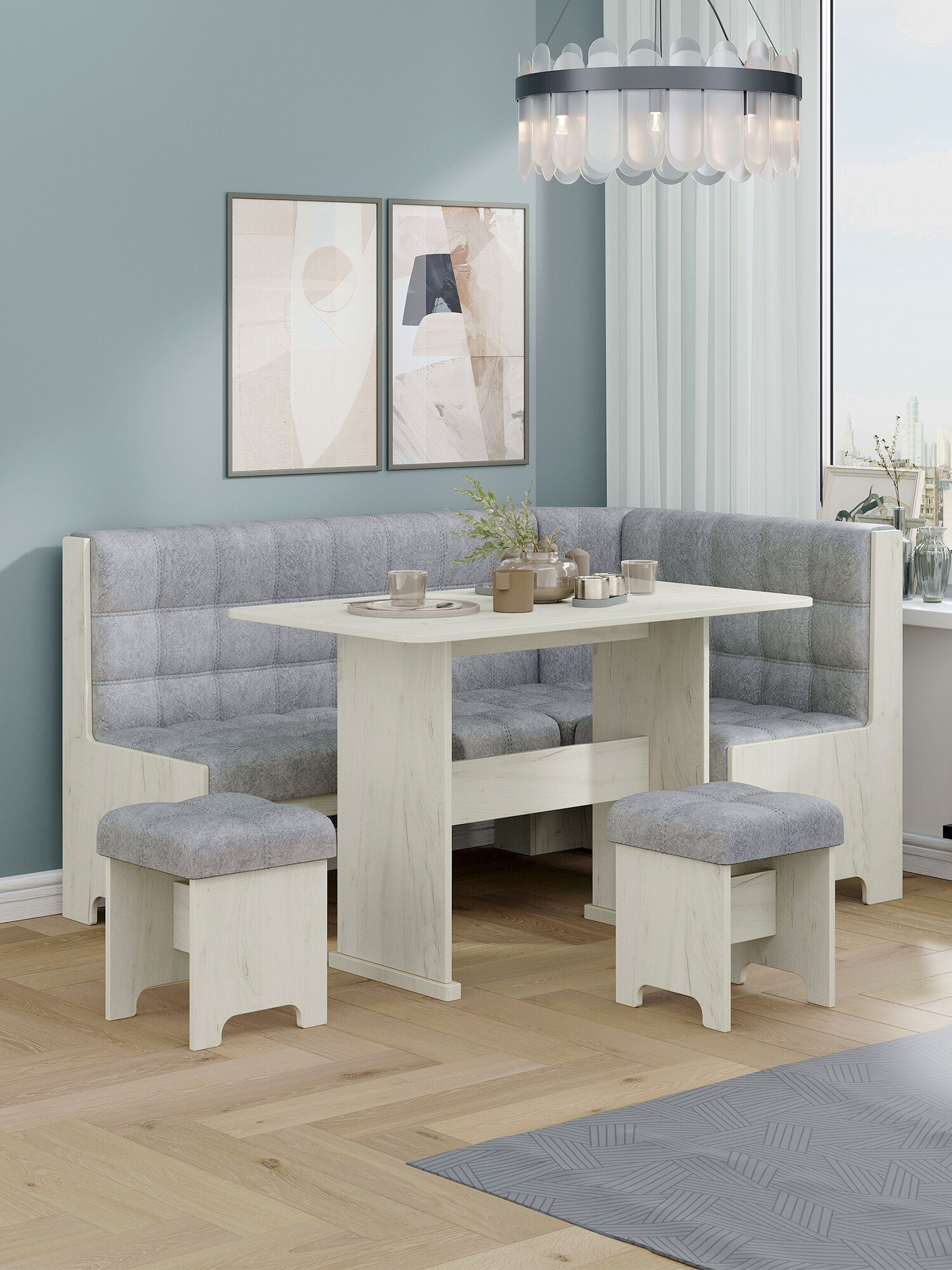 Кухонный уголок Флорида (Дуб крафт белый/Микровелюр Wellmart Silver)