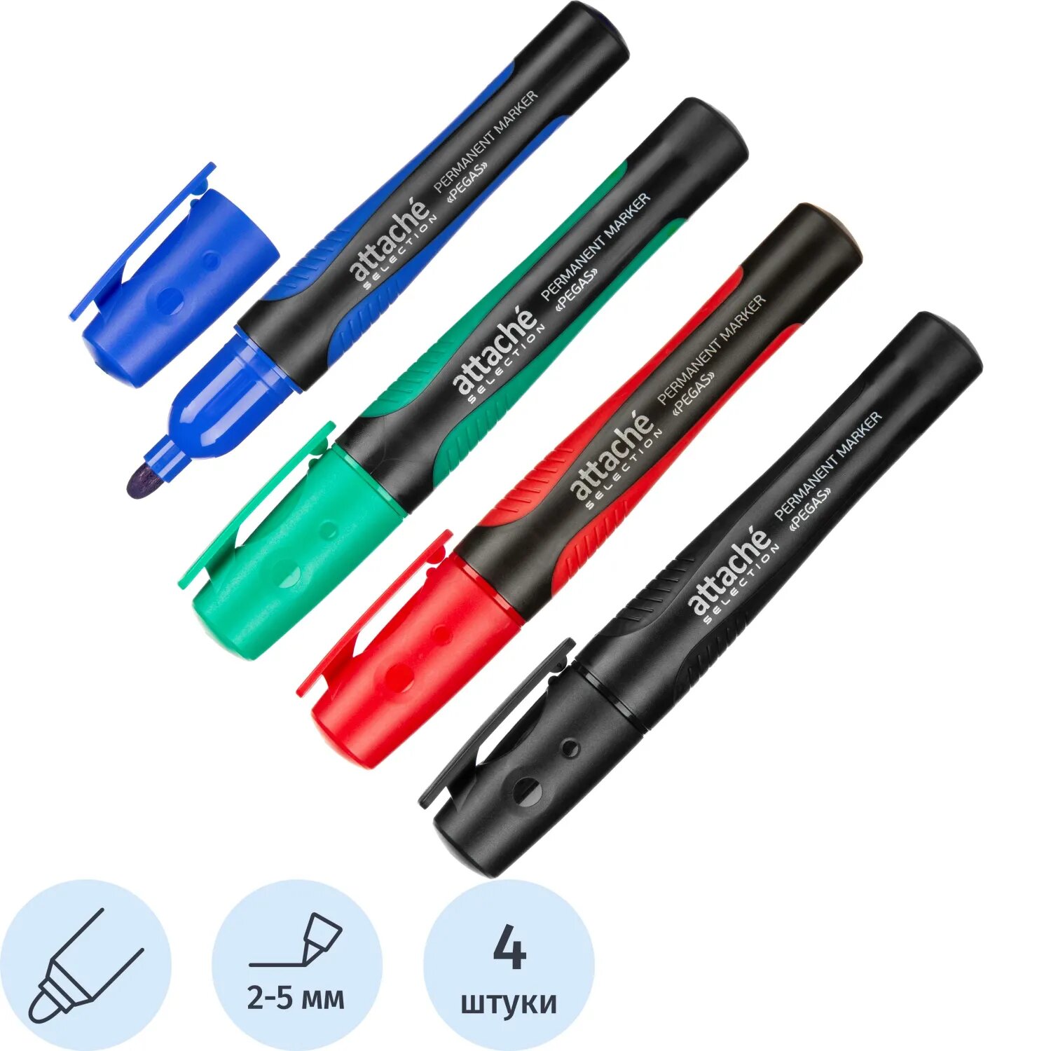 Маркер перманентный Attache Selection Pegas набор 4цв, 2-5мм