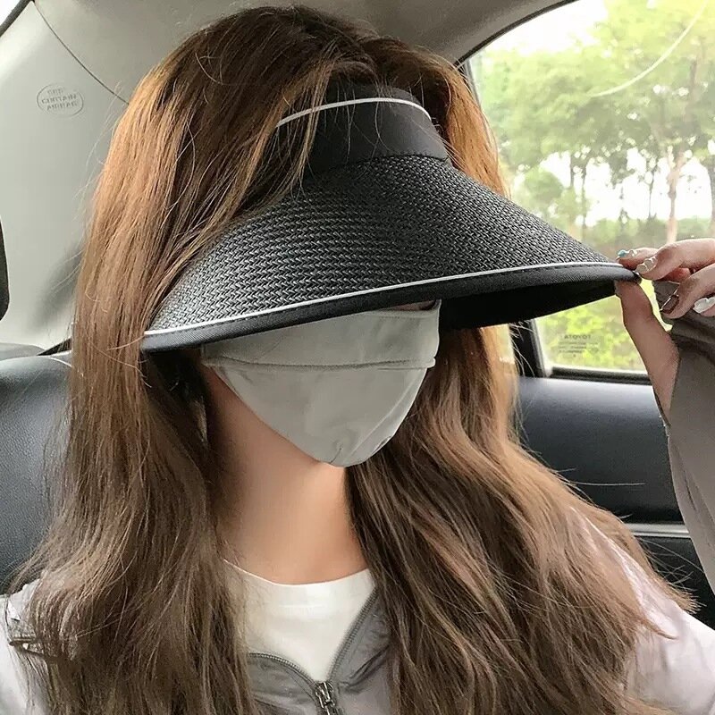 Летняя интернет-знаменитость, такая же модная, пустая черная пластиковая соломенная шляпа с солнцезащитным козырьком и защитой от УФ-лучей с большими полями и маленькой этикеткой, шляпа для защиты от