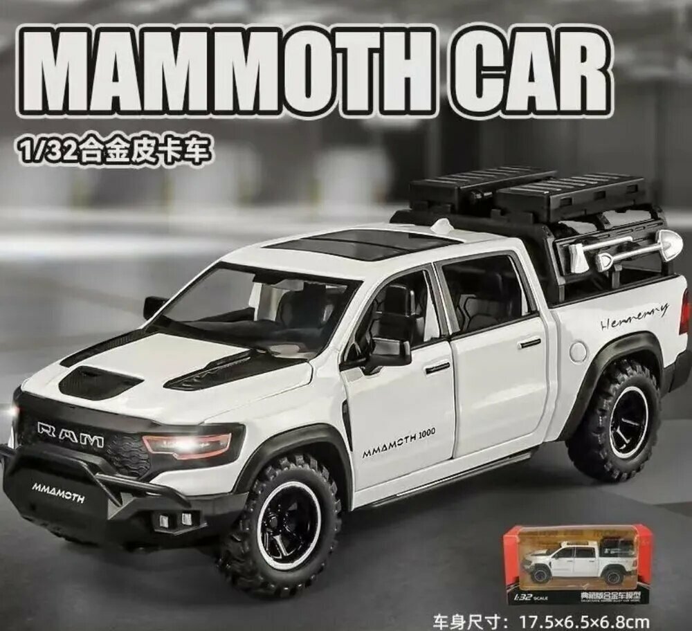 Машинка металлическая в подарочной коробке RAM Mammoth 1:32, Коллекционная модель машины для взрослых, Игрушечный автомобиль с звуковыми и световыми эффектами для детей