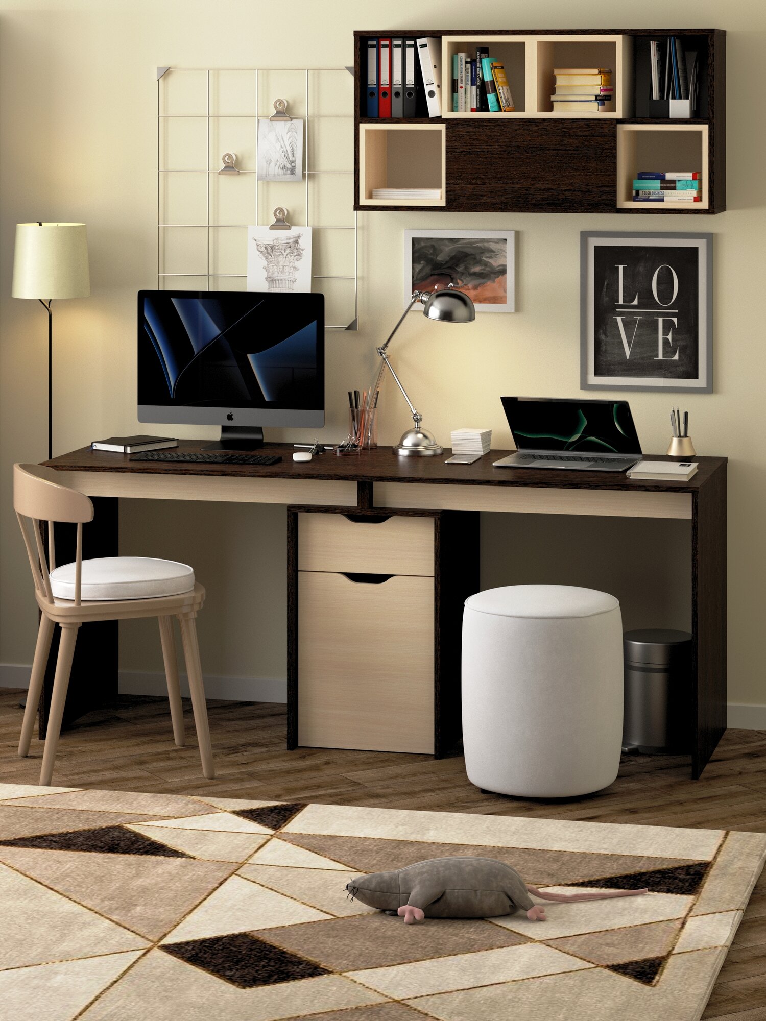 Есэндвич Grand Лаворо 6 Письменный стол для двоих, двойной, с тумбой 180х60х75 см (Венге/Выбеленный Дуб)