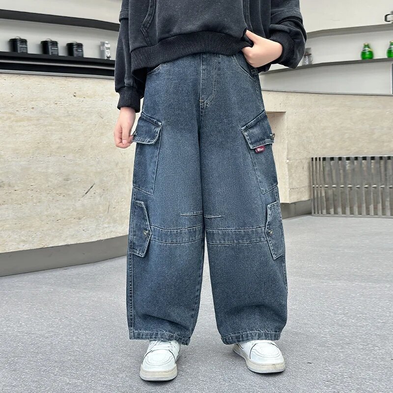 RONG CH Весенне-осенние свободные бэгги-карго для мальчиков классические синие джинсы с карманами