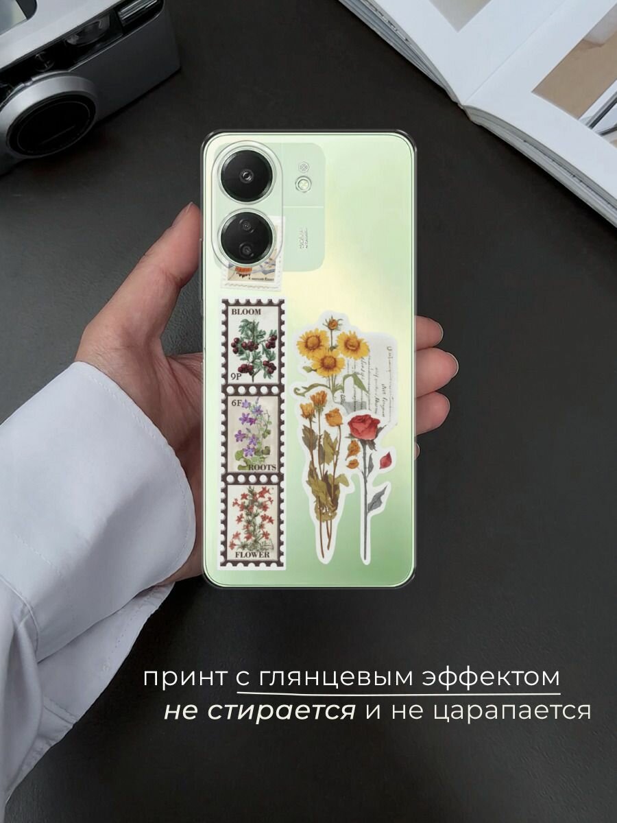Чехол на Xiaomi Redmi 13C/Poco C65 / Сяоми Редми 13C/Поко С65 с принтом Марки с цветами — фото 1