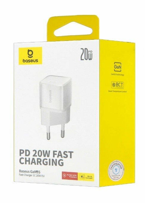 Адаптер питания сетевой Baseus P10162503213 Gan5S, 3.0А, 1 Type-C, 20W, 9V, пластик, белый, фирменная упаковка