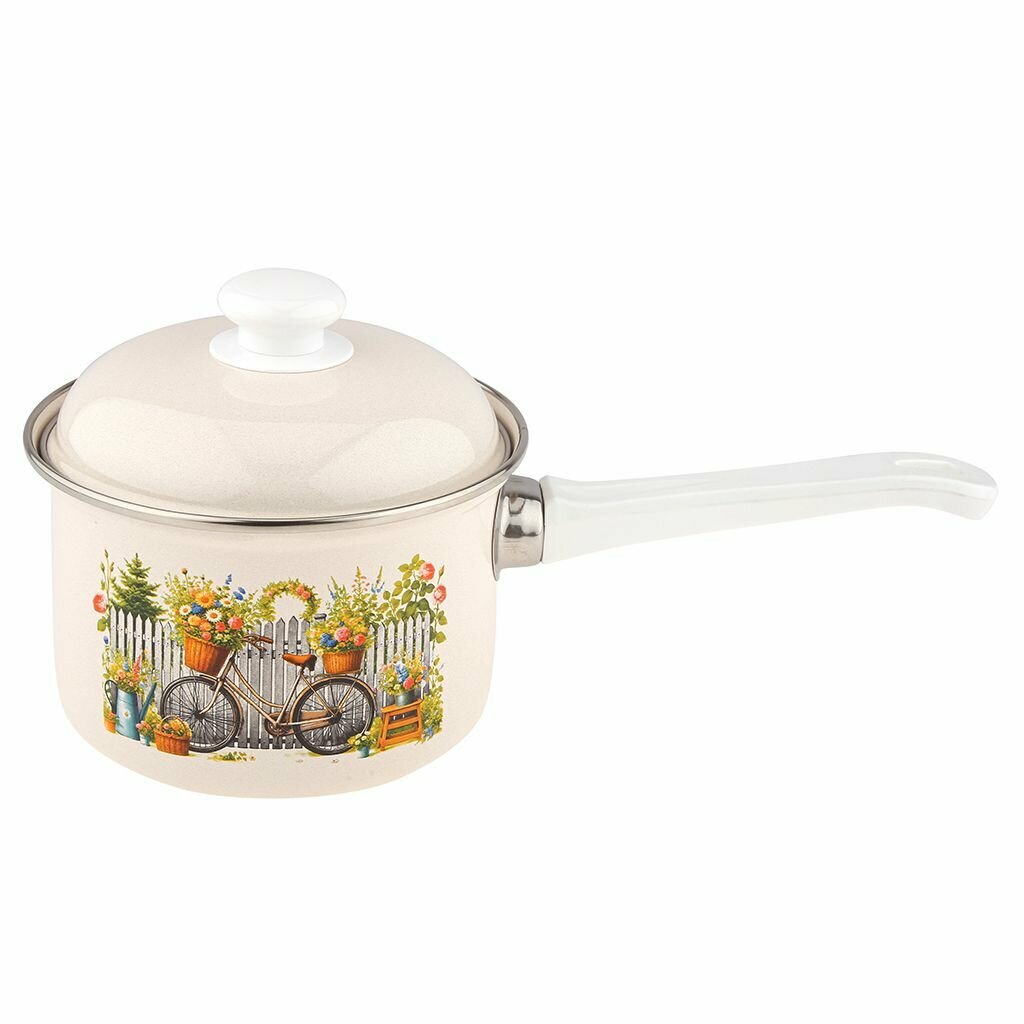 Кастрюля-ковш Лысьвенские эмали "Романтика", эмалированная, 1,5 л, форма цилиндрическая, металлическая крышка (С-1608АП/4Жм)