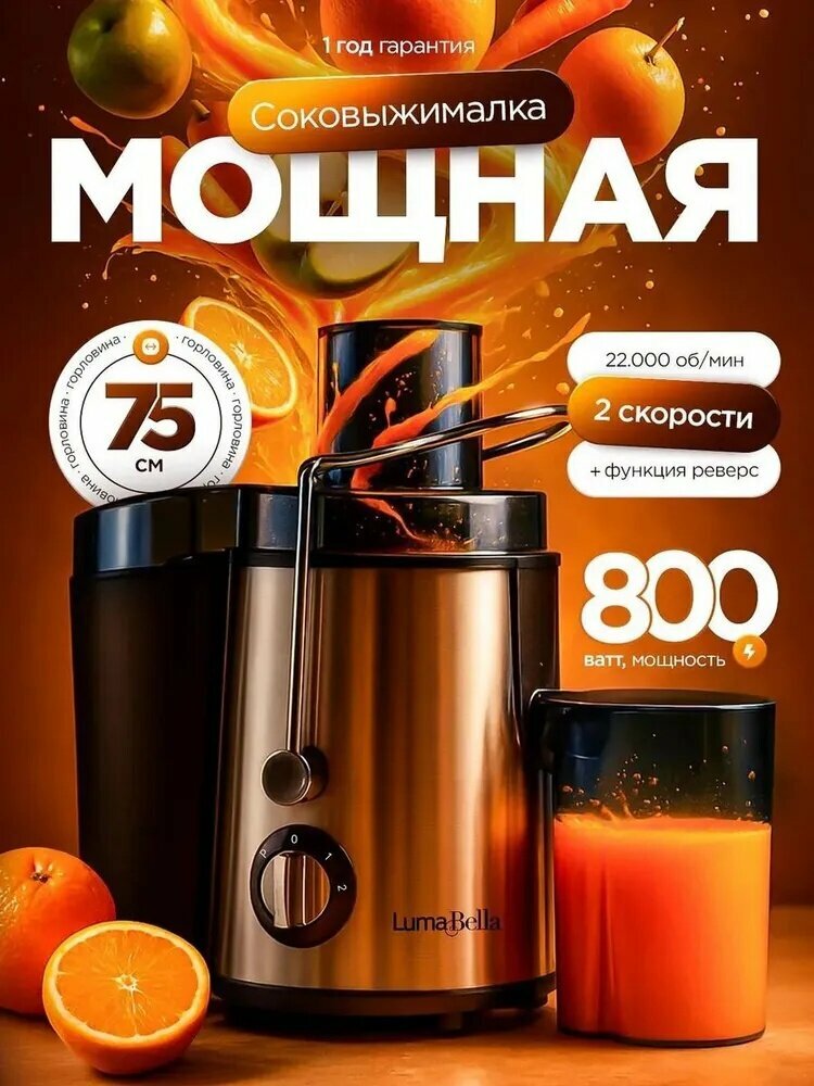 Соковыжималка электрическая шнековая Электрическая бытовая соковыжималка центробежная для овощей и фруктов; 800 ВТ; 22000 об/мин, черный, серебристый