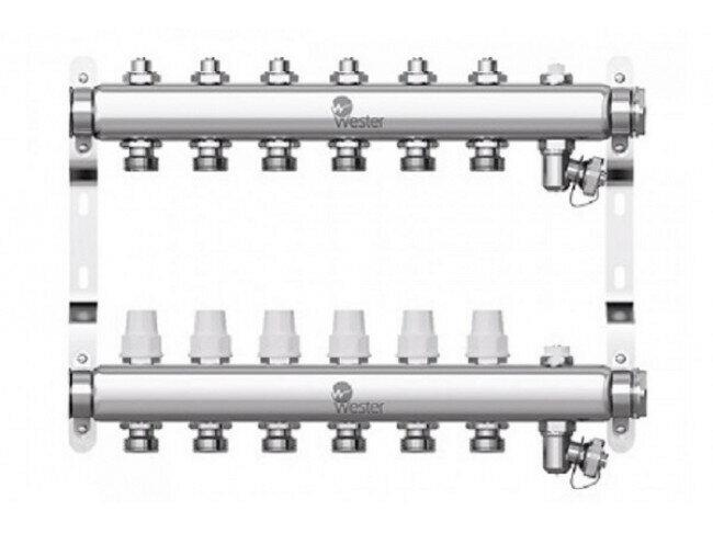 Коллекторная группа 1" из нерж. стали на 6 выходов 3/4"ЕК без расходомеров, коллектор W903 в сборе, Wester 0-32-1885