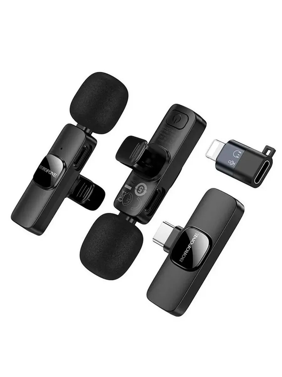 Микрофон потоковый беспроводной Borofone BFK15 (2 микрофона+ресивер Type-C/Lightning), черный / петличка для андройд смартфона и айфона